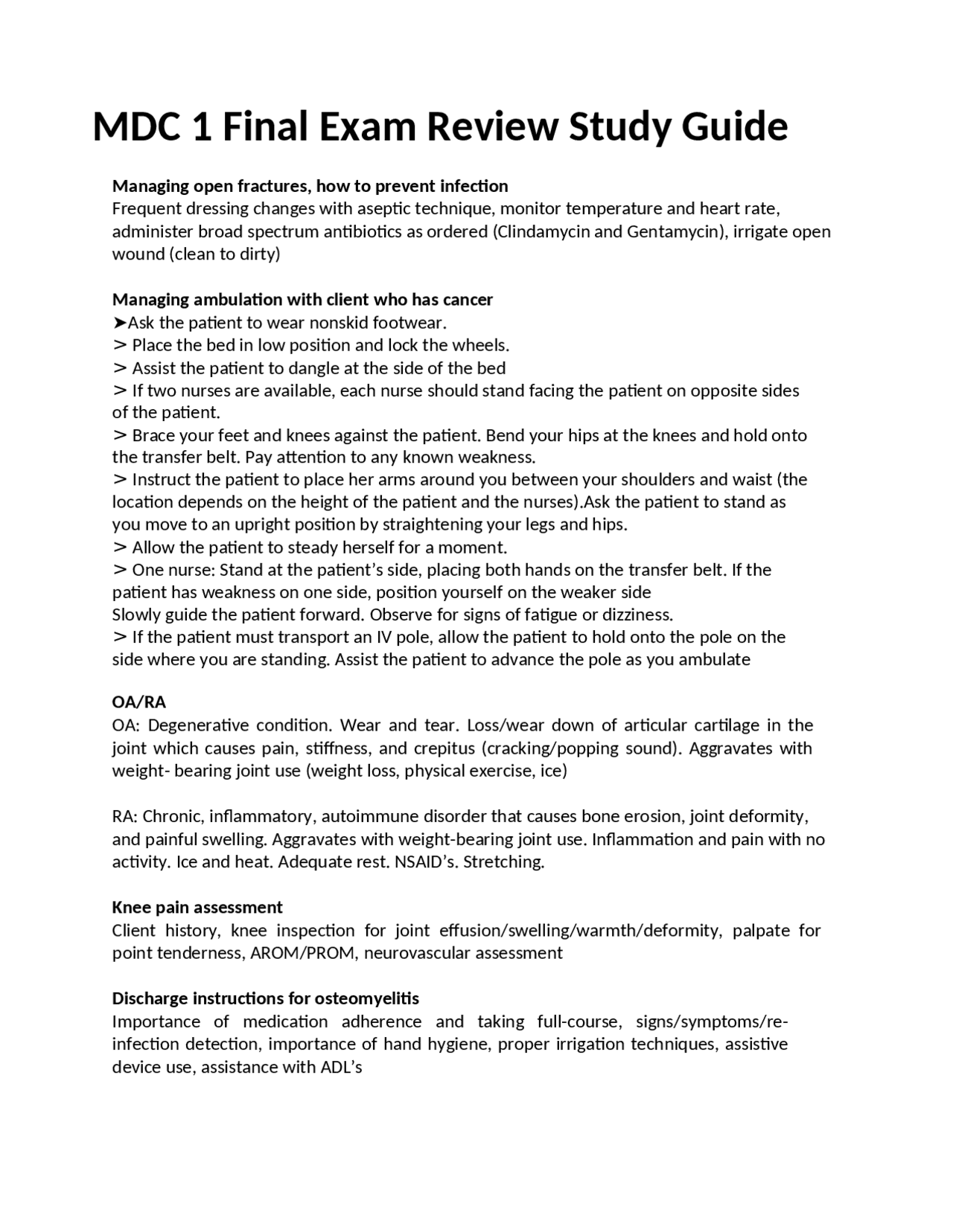 MDC 1 Final Exam Review Study Guide | Study notes Nursing | Docsity