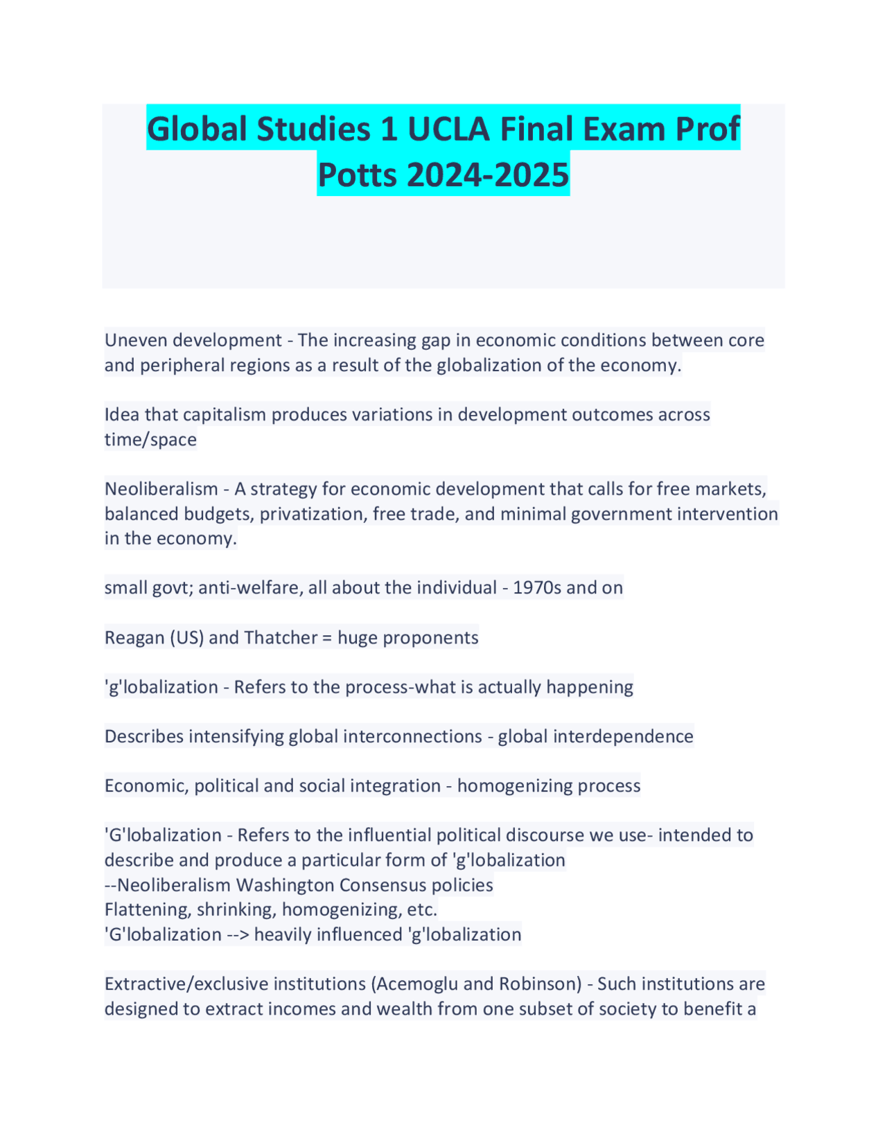 Global Studies 1 UCLA Final Exam Prof Potts 2024-2025 | Exams Nursing ...