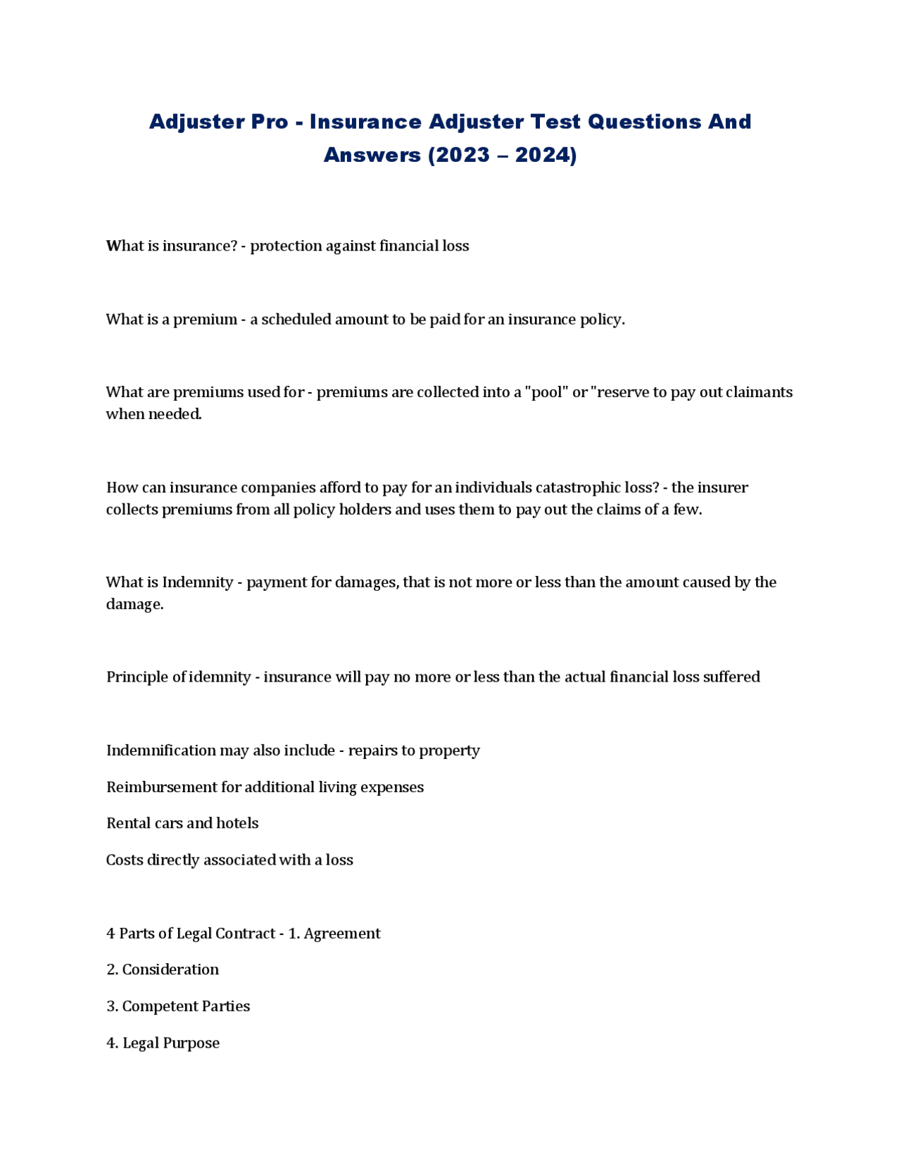Adjuster Pro Insurance Adjuster Test Questions And Answers 2023
