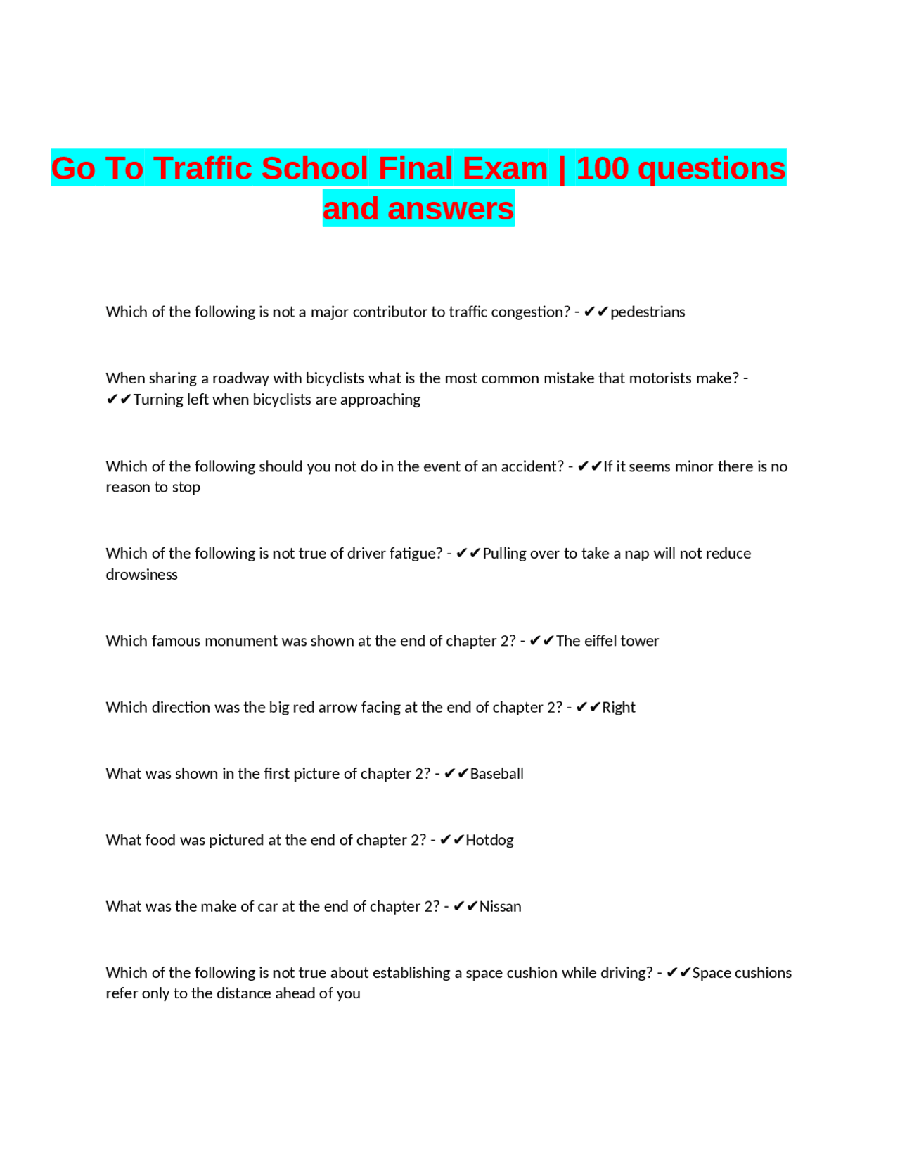 Go To Traffic School Final Exam | 100 questions and answers | Exams ...