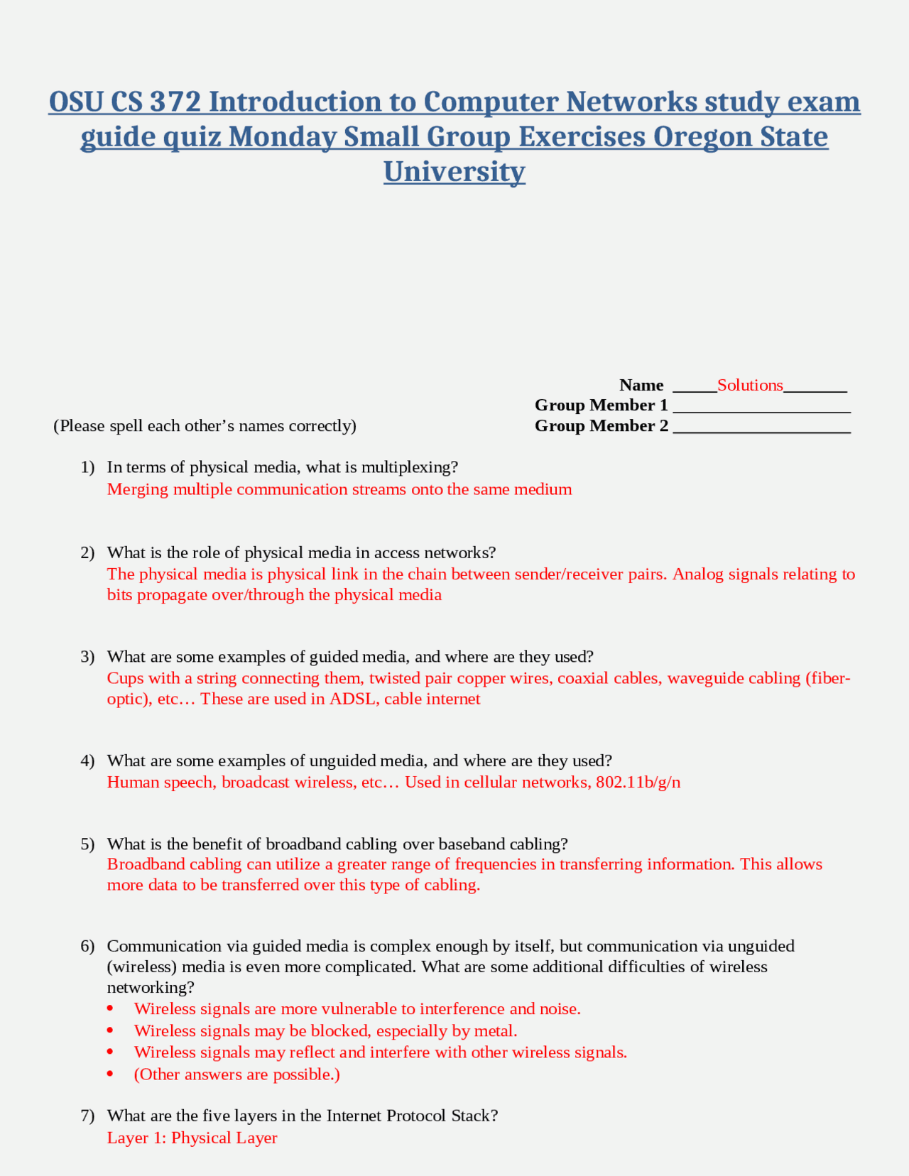 Osu Cs 372 Introduction To Computer Networks Exam Guide Exams Computer Networks Docsity 0385