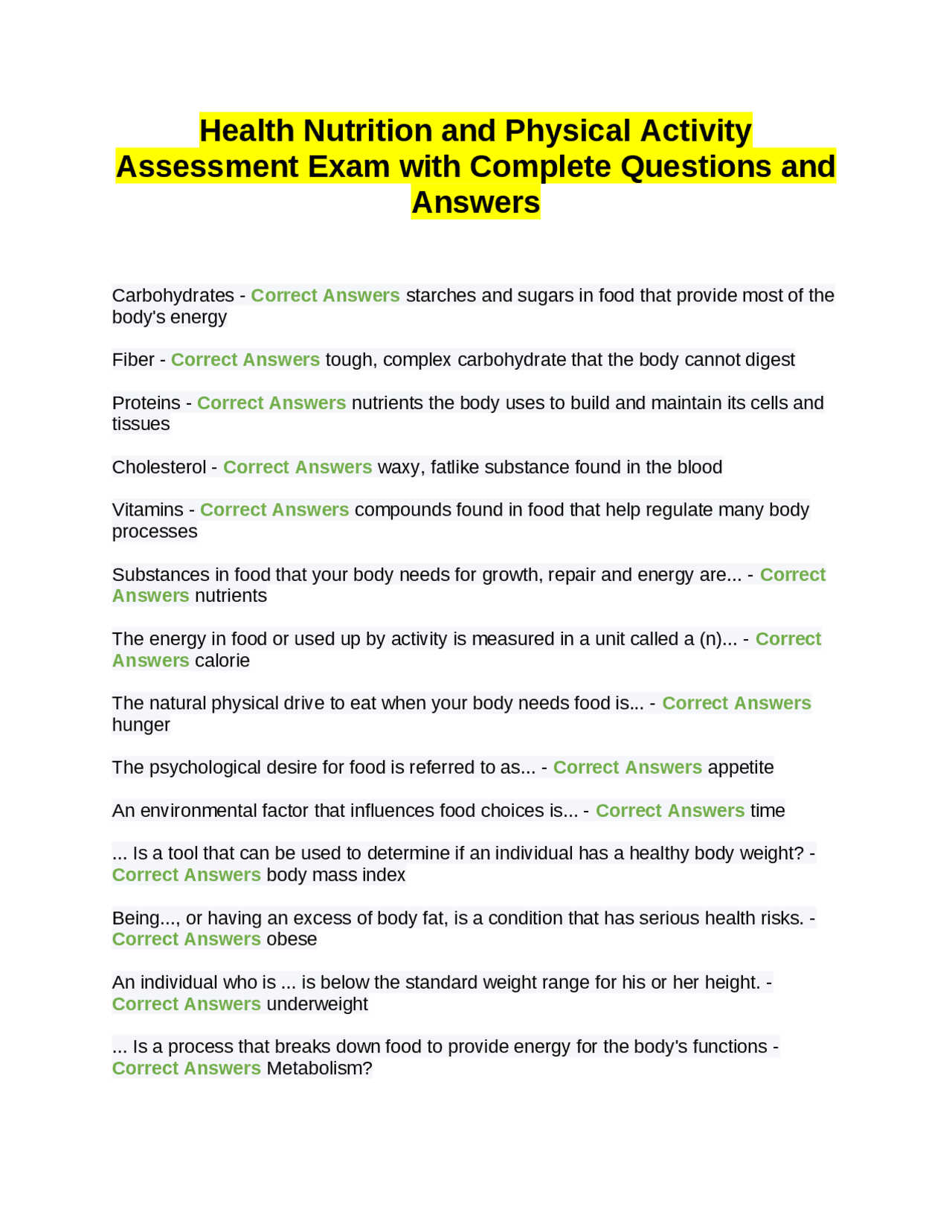 Health Nutrition and Physical Activity Assessment Exam with Complete ...