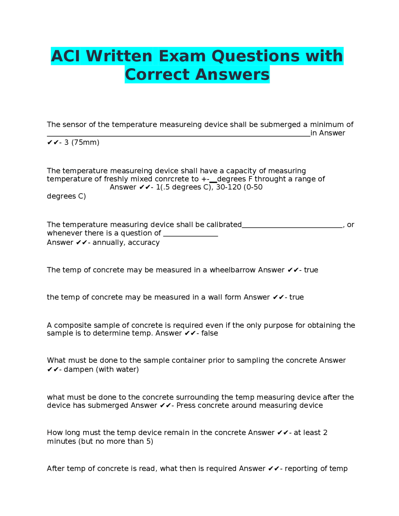 ACI Written Exam Questions with Correct Answers 2024 | Exams Physics ...