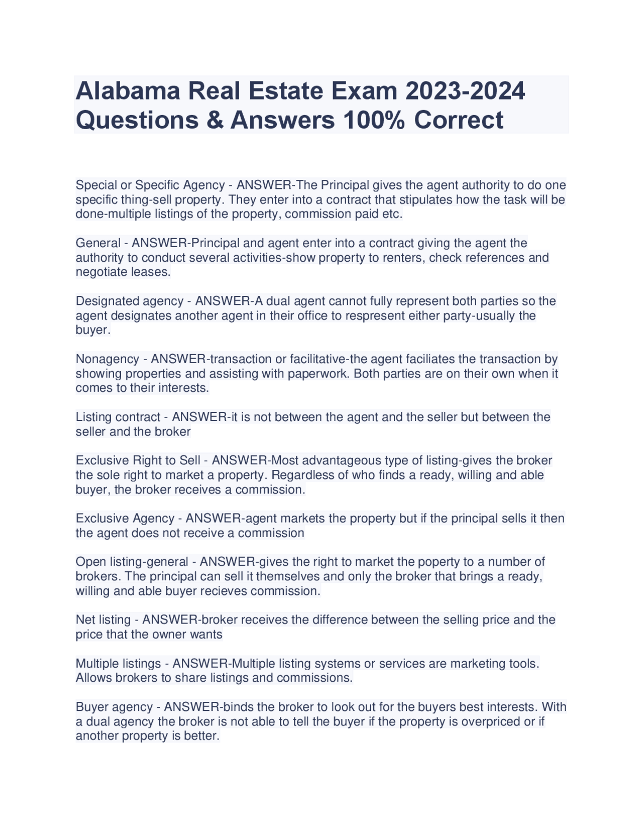 Alabama Real Estate Exam 2023-2024 Questions & Answers 100% Correct ...
