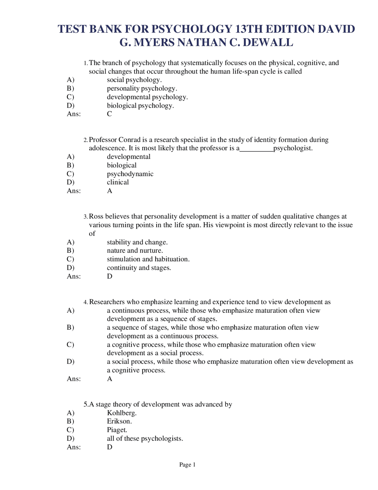 TEST BANK FOR PSYCHOLOGY 13TH EDITION DAVID G. MYERS NATHAN C DEWALL ...