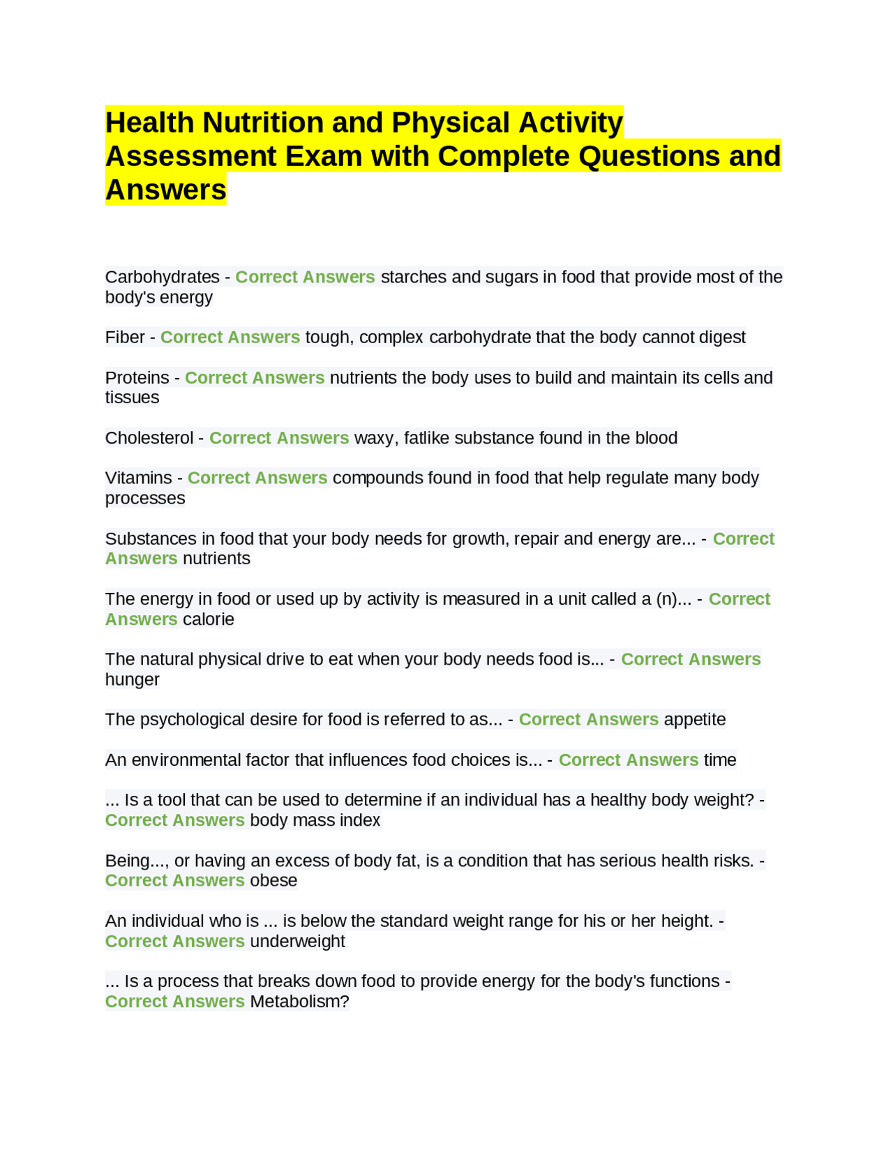 Health Nutrition and Physical Activity Assessment Exam with Complete ...