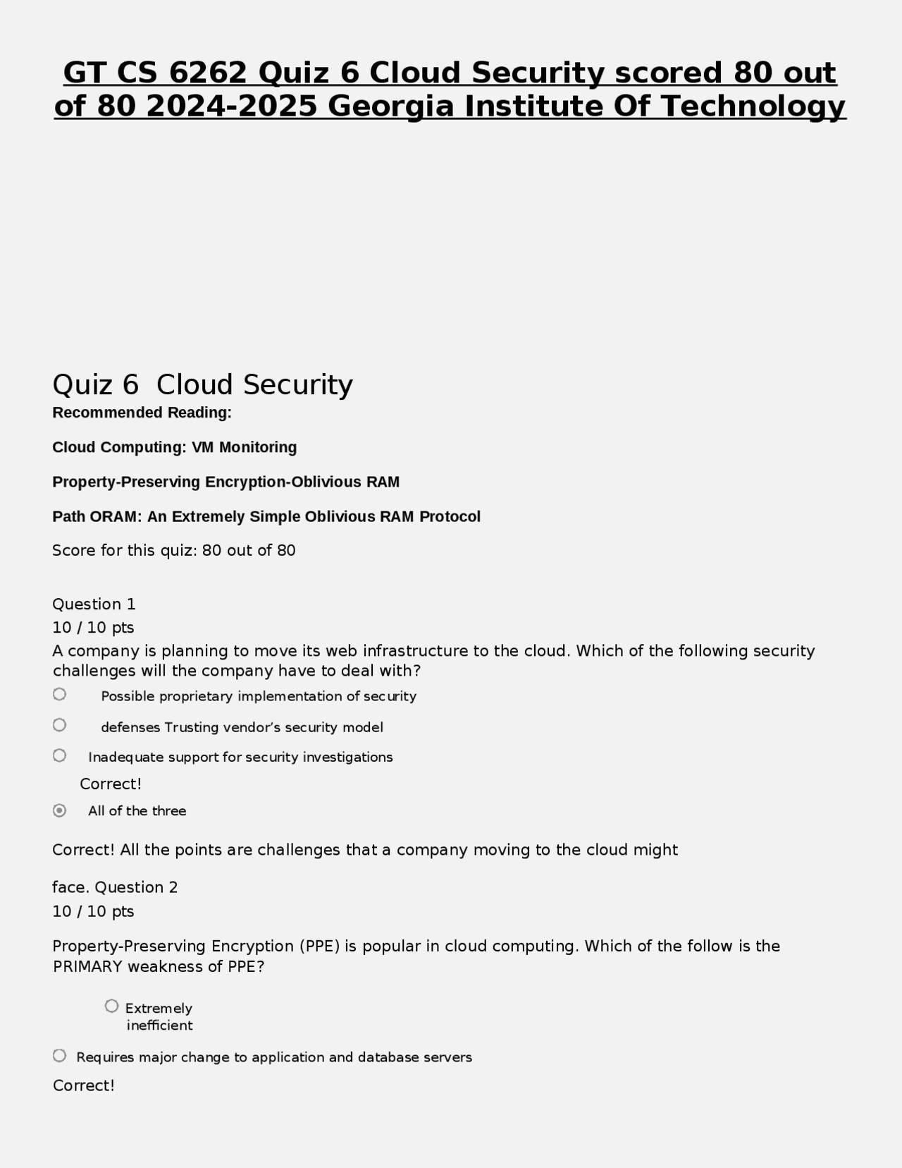 Cloud Security Quiz Solutions for GT CS 6262 | Exams Computer Science | Docsity