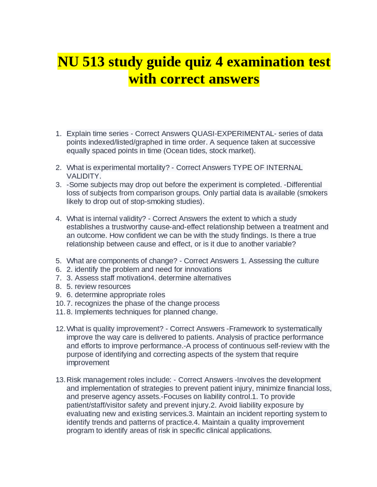 NU 513 Study Guide: Quality Improvement, Time Series, and Nursing Roles ...