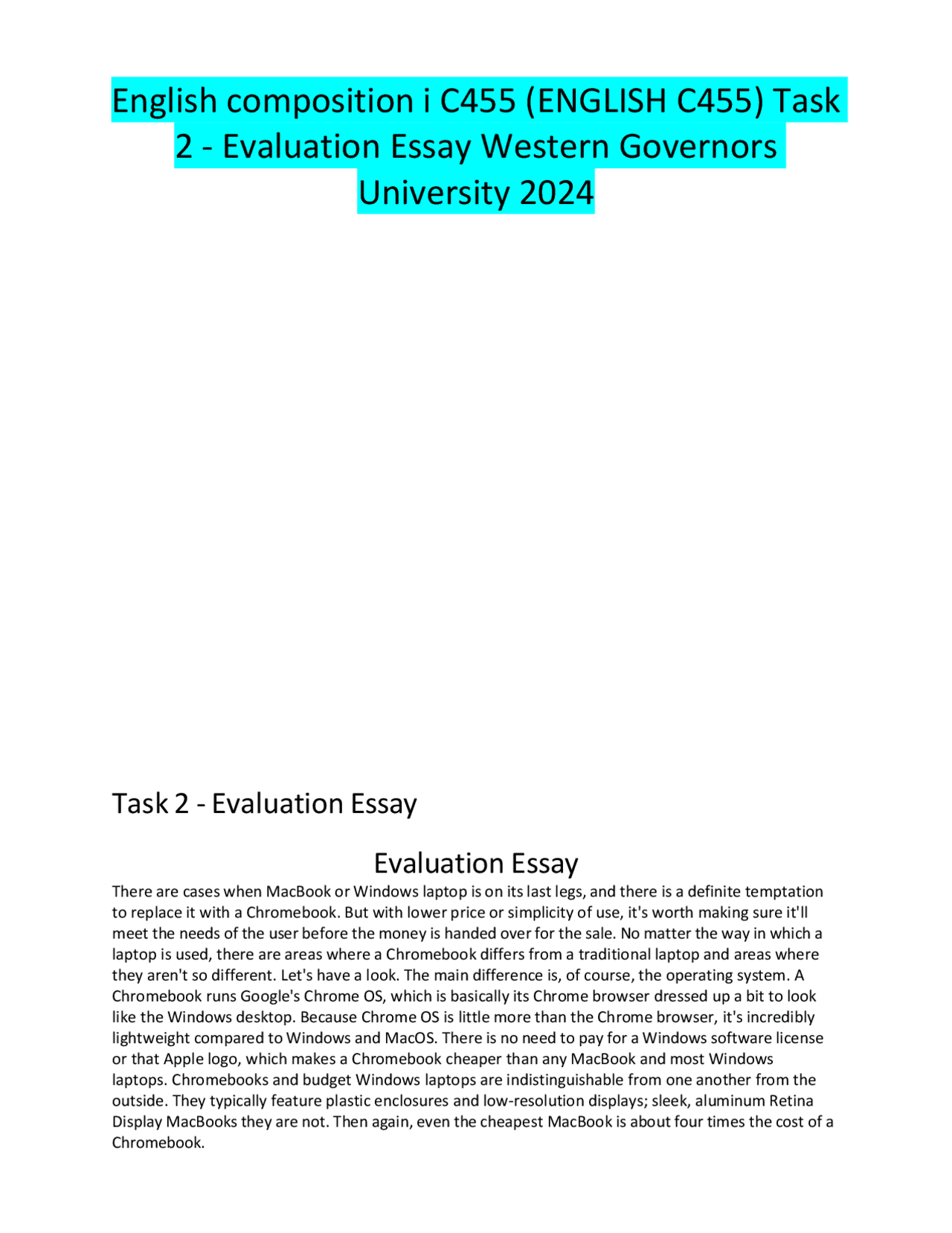English composition i C455 (ENGLISH C455) Task 2 - Evaluation Essay ...