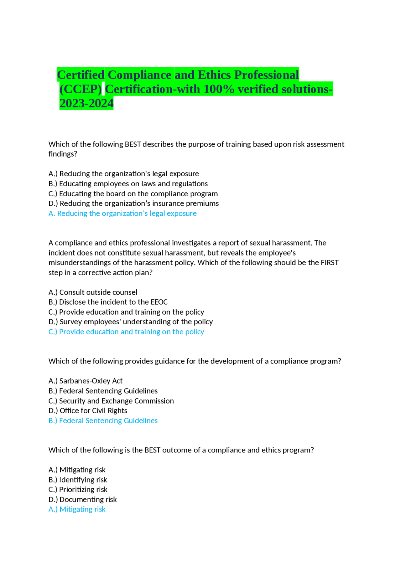 Certified Compliance and Ethics Professional | Exams Nursing | Docsity