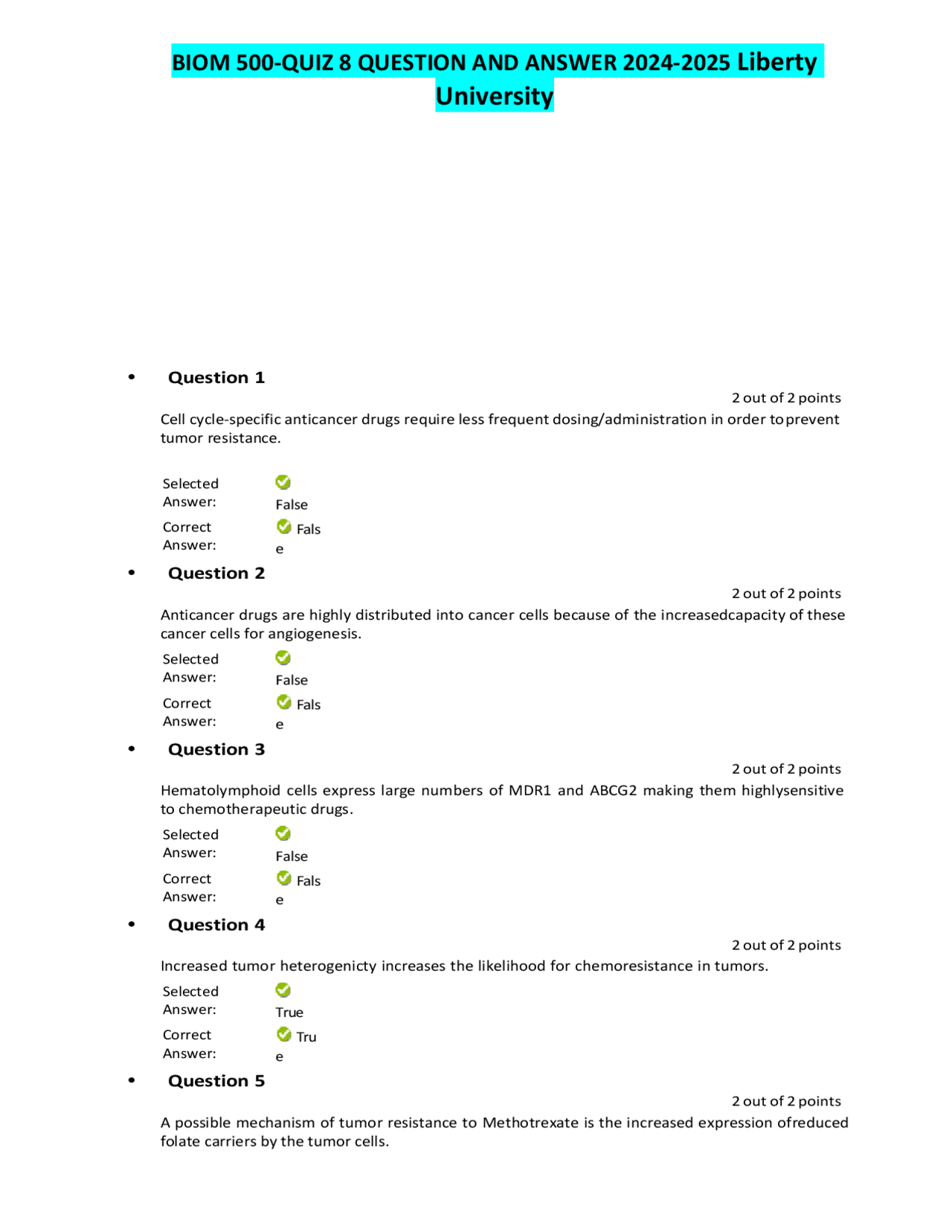 BIOM 500-QUIZ 8 QUESTION AND ANSWER 2024-2025 Liberty University ...