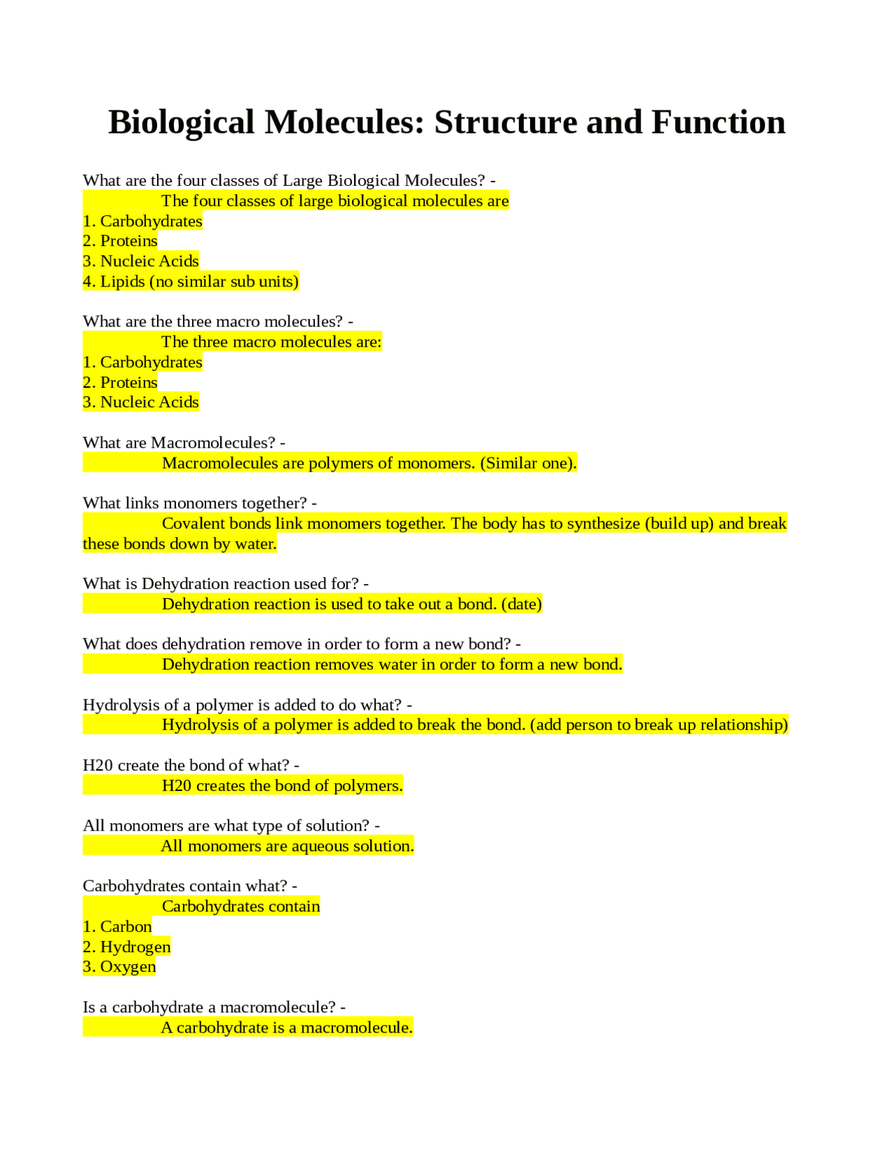 Large Biological Molecules: Carbohydrates, Proteins, Nucleic Acids and ...