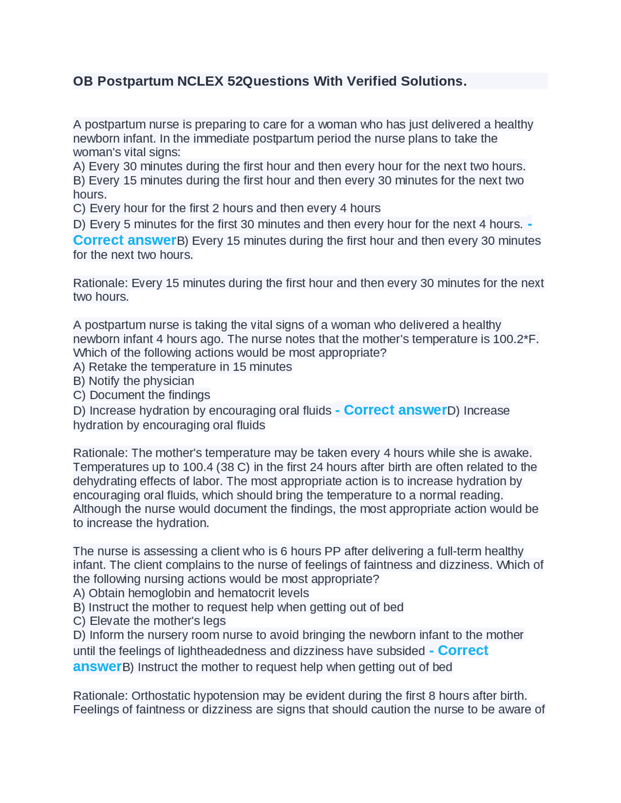 OB Postpartum NCLEX 52Questions With Verified Solutions | Exams Nursing ...