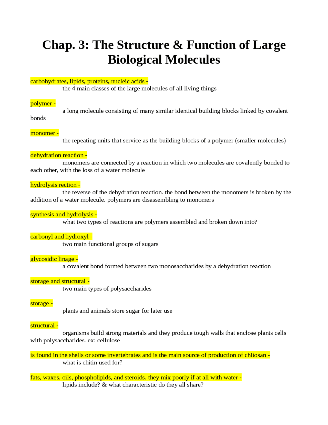 Structure and Function of Large Biological Molecules | Exams Cellular and Molecular Biology ...