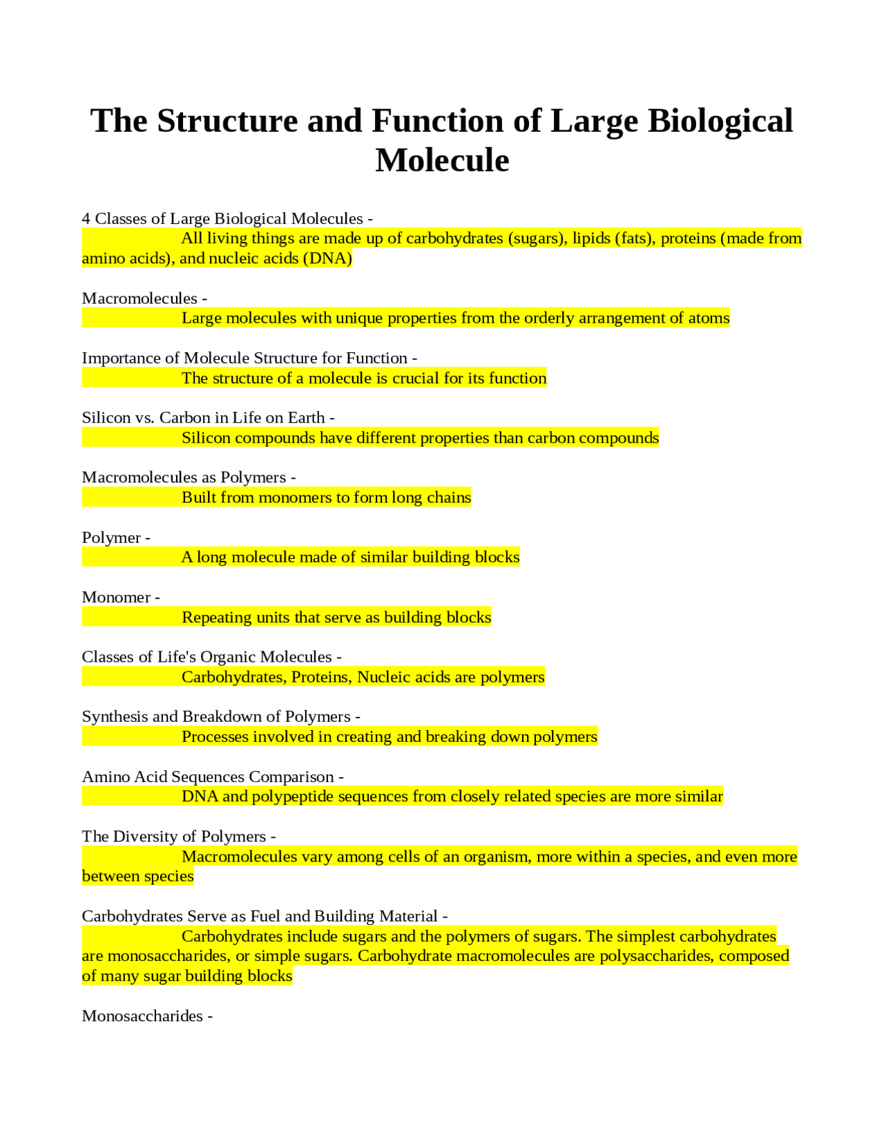 Structure and Function of Large Biological Molecules | Exams Cellular ...