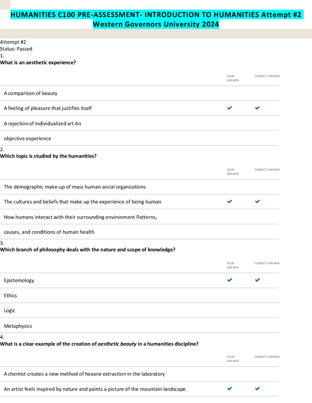 HUMANITIES C100 PRE-ASSESSMENT- INTRODUCTION TO HUMANITIES Attempt #2 ...