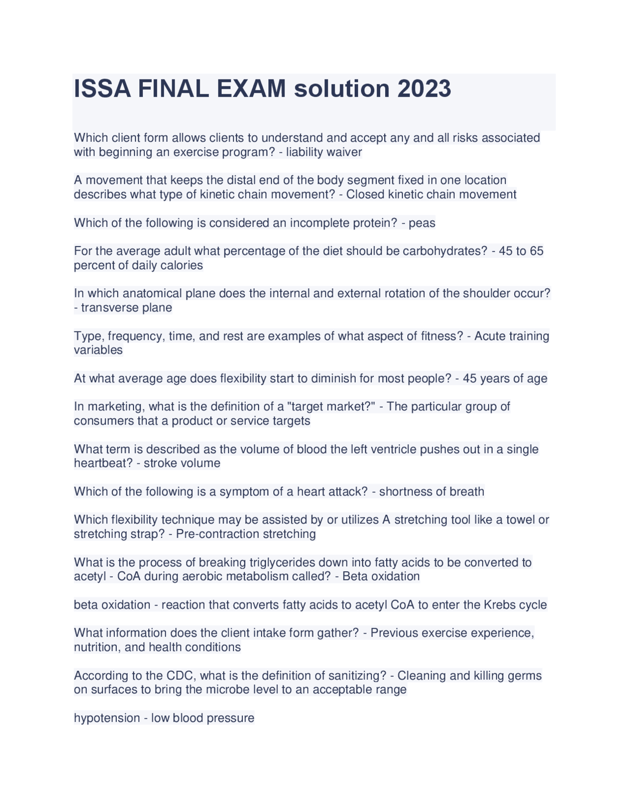 ISSA FINAL EXAM solution question and answers | Exams Nursing | Docsity