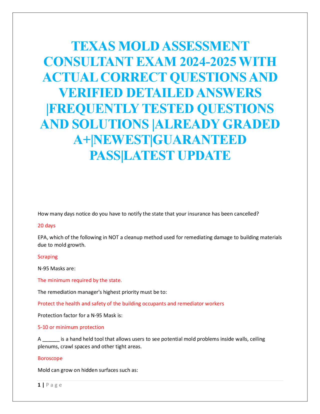TEXAS MOLD ASSESSMENT CONSULTANT EXAM 2024-2025 | Exams Nursing | Docsity