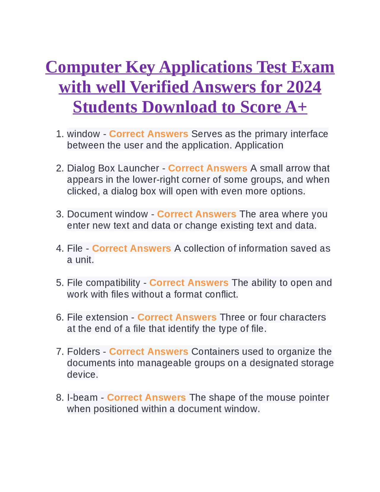 Computer Key Applications Test Exam with well Verified Answers for 2024 ...