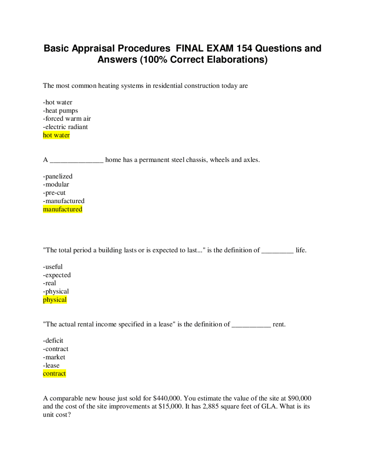 Basic Appraisal Procedures FINAL EXAM 154 Questions and Answers (100% ...