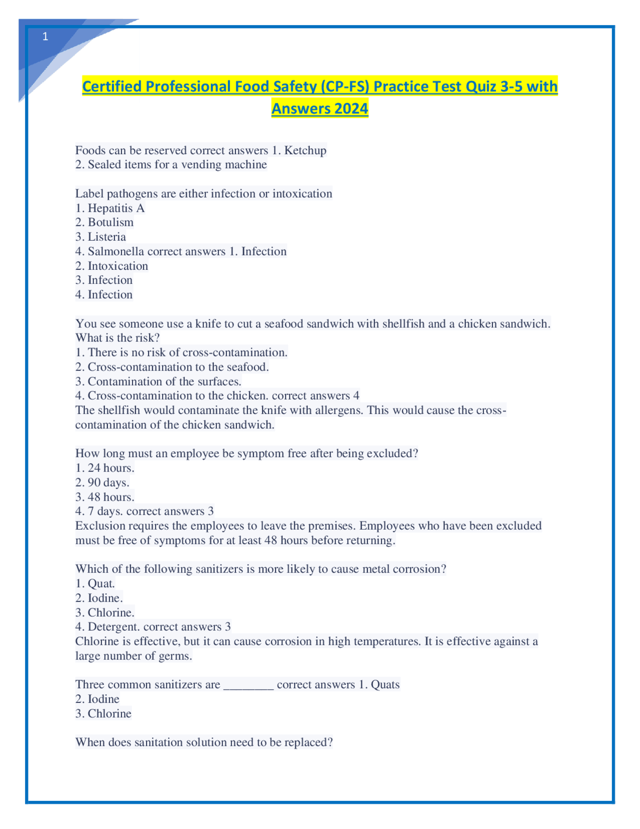 Certified Professional Food Safety (CP-FS) Practice Test Quiz 3-5 with ...