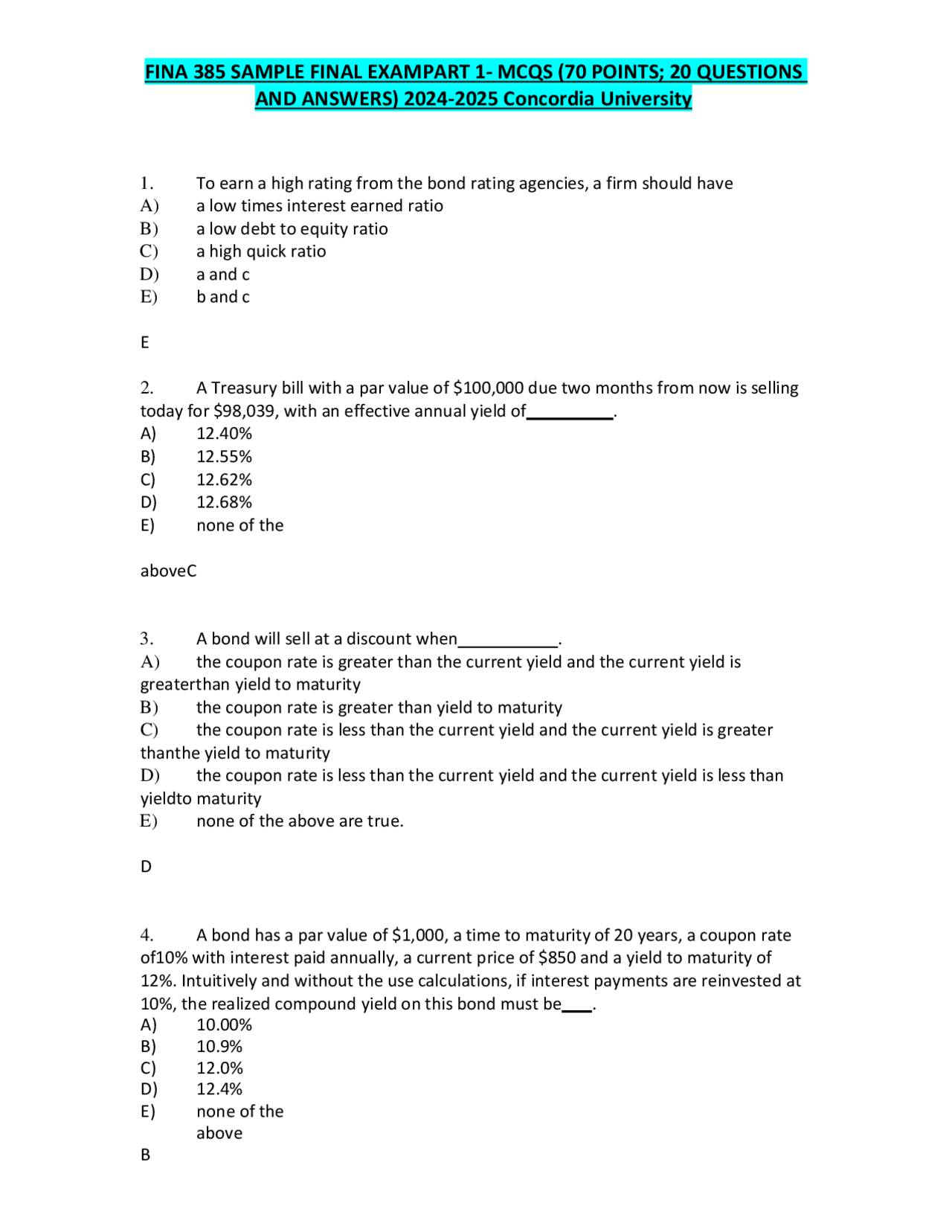 Financial Analysis Sample Exam Questions | Exams Finance | Docsity