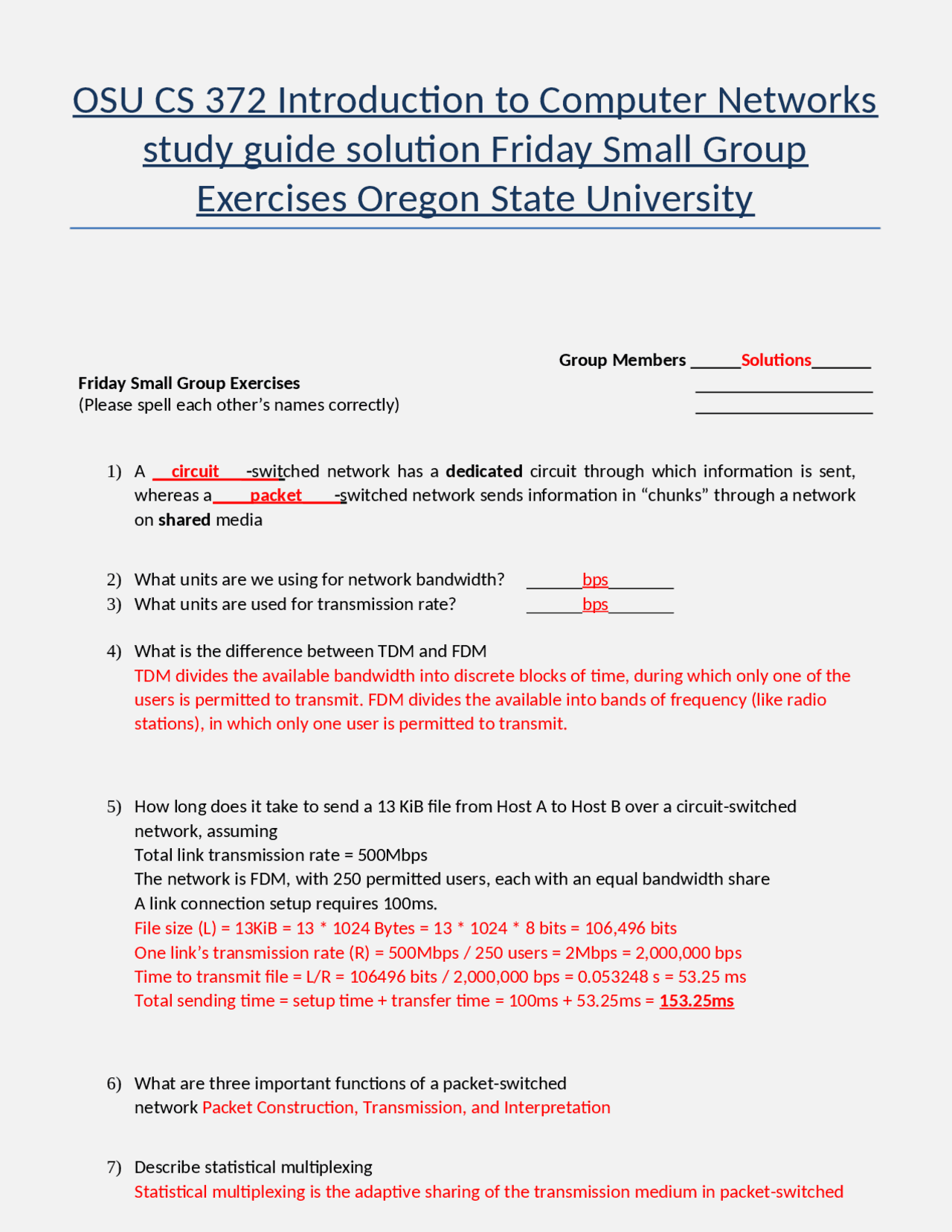 Computer Networks Study Guide Solutions | Exams Computer Networks | Docsity