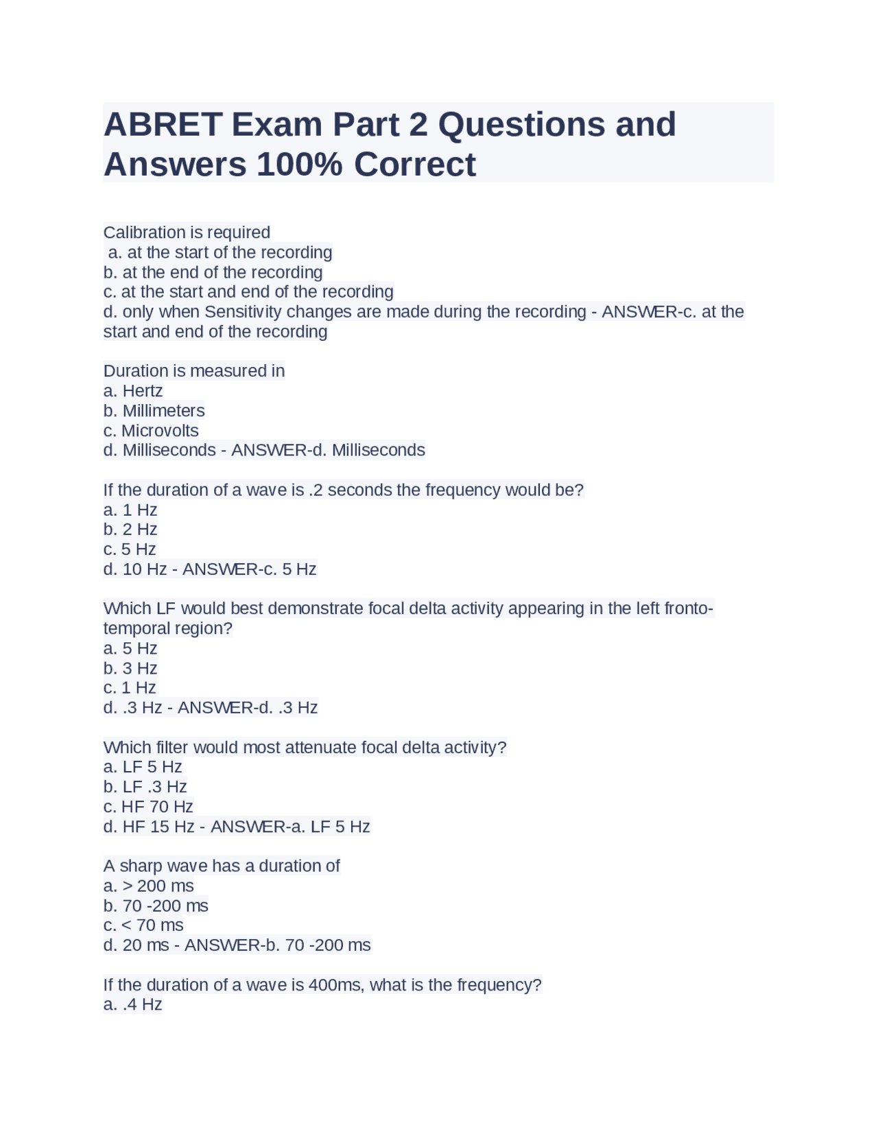 ABRET Exam Part 2 Questions and Answers 100% Correct | Exams Physiology ...