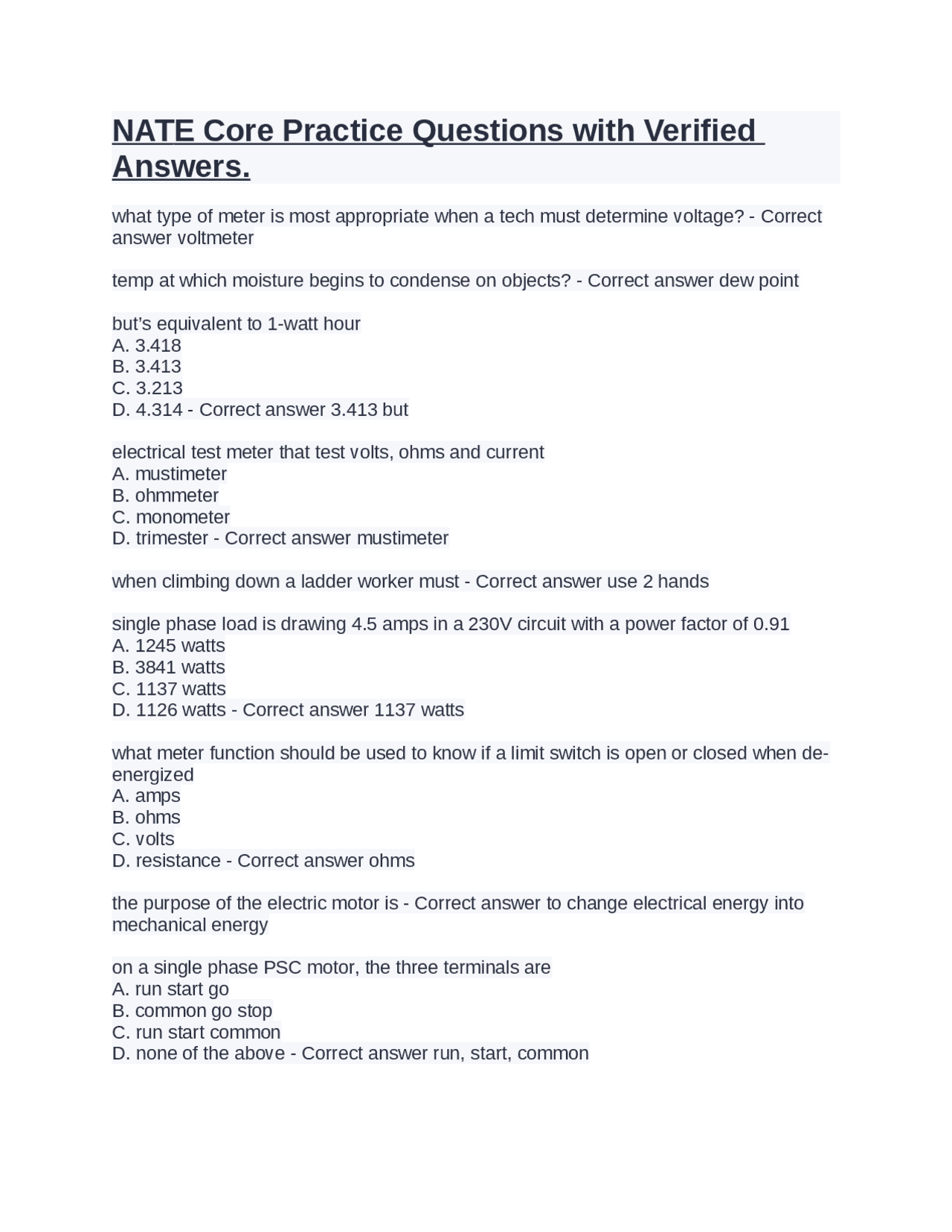 NATE Core Practice Questions with Verified Answers. | Exams Electrical ...