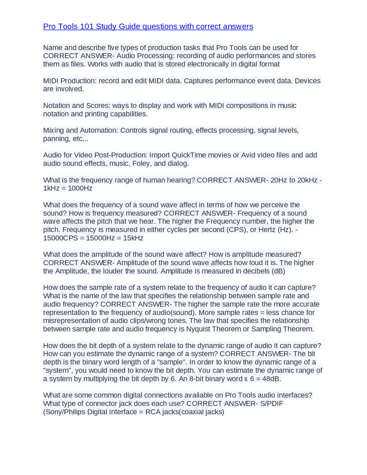 Pro Tools 101 Study Guide questions with correct answers | Exams ...