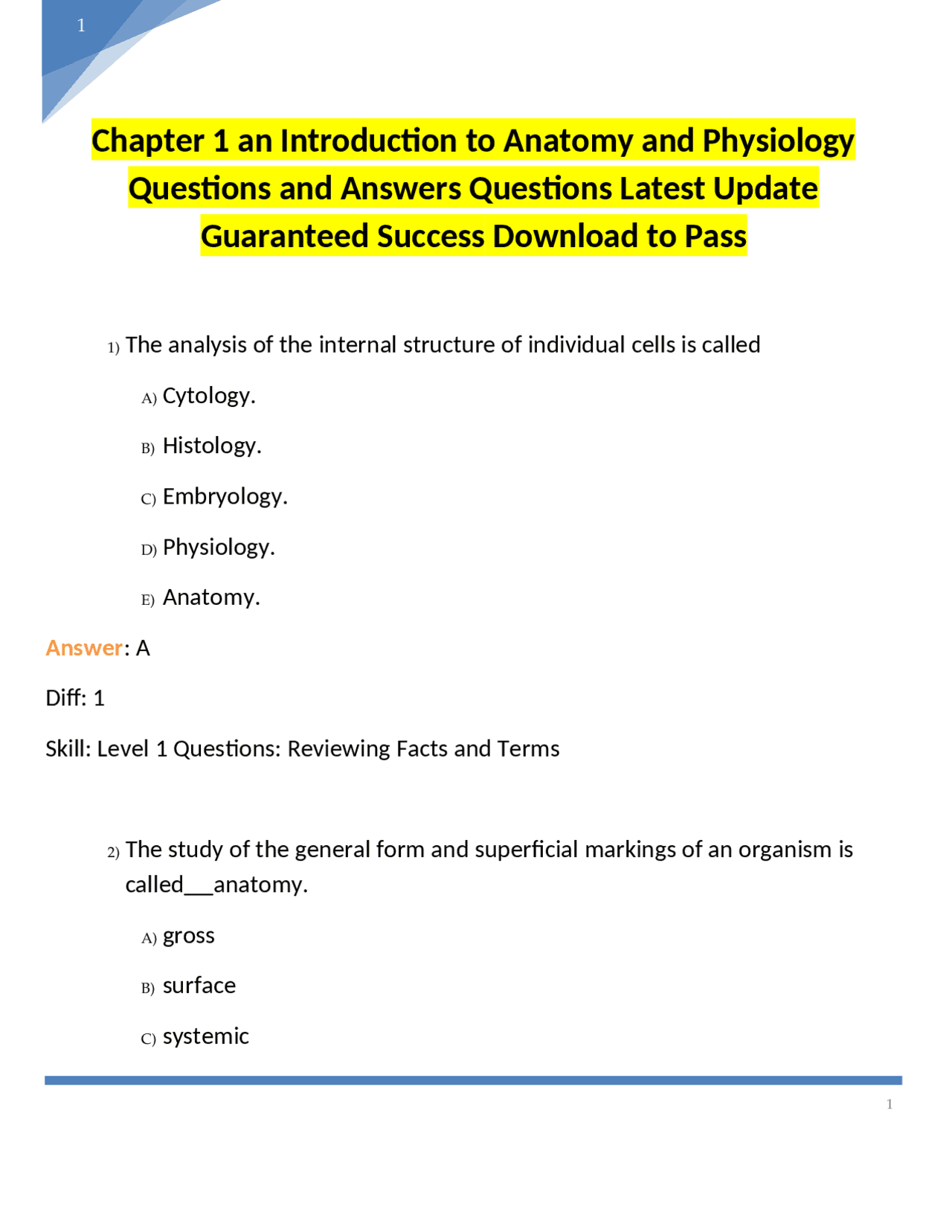 Chapter 1 an Introduction to Anatomy and Physiology Questions and ...