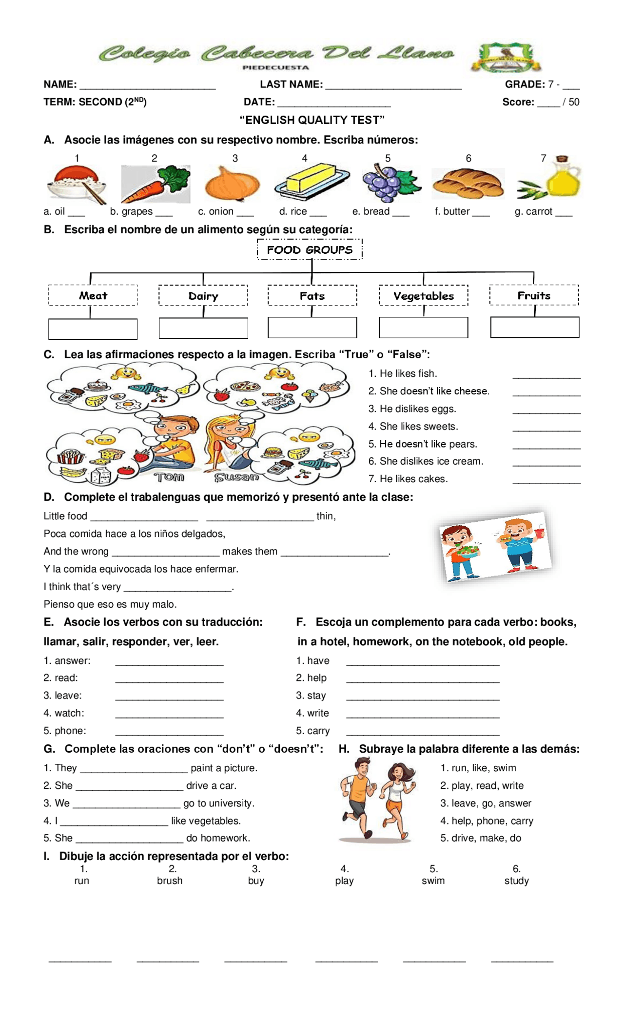 Food, likes and dislikes, routine vocabulary | Exámenes de Inglés | Docsity