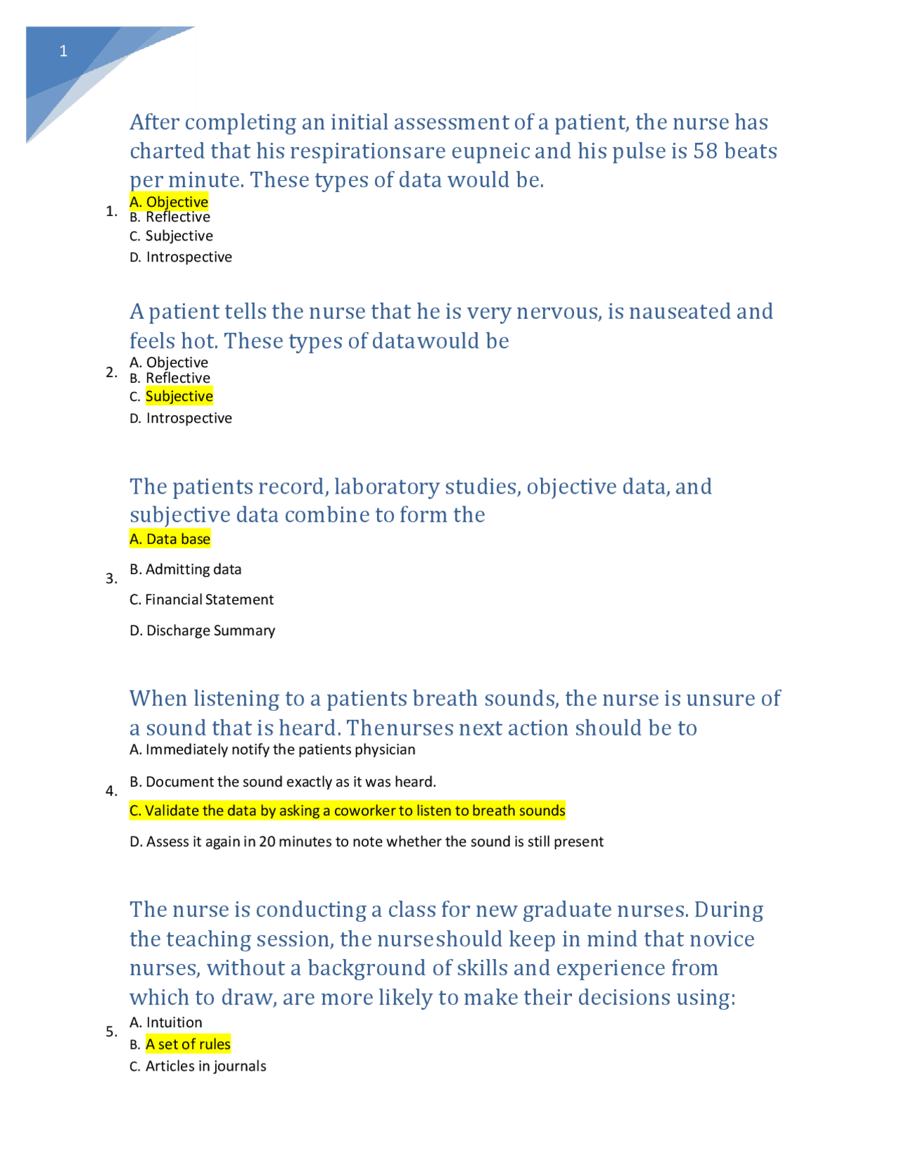 NR 508 Week 1 Quiz with answers | Exams Nursing | Docsity