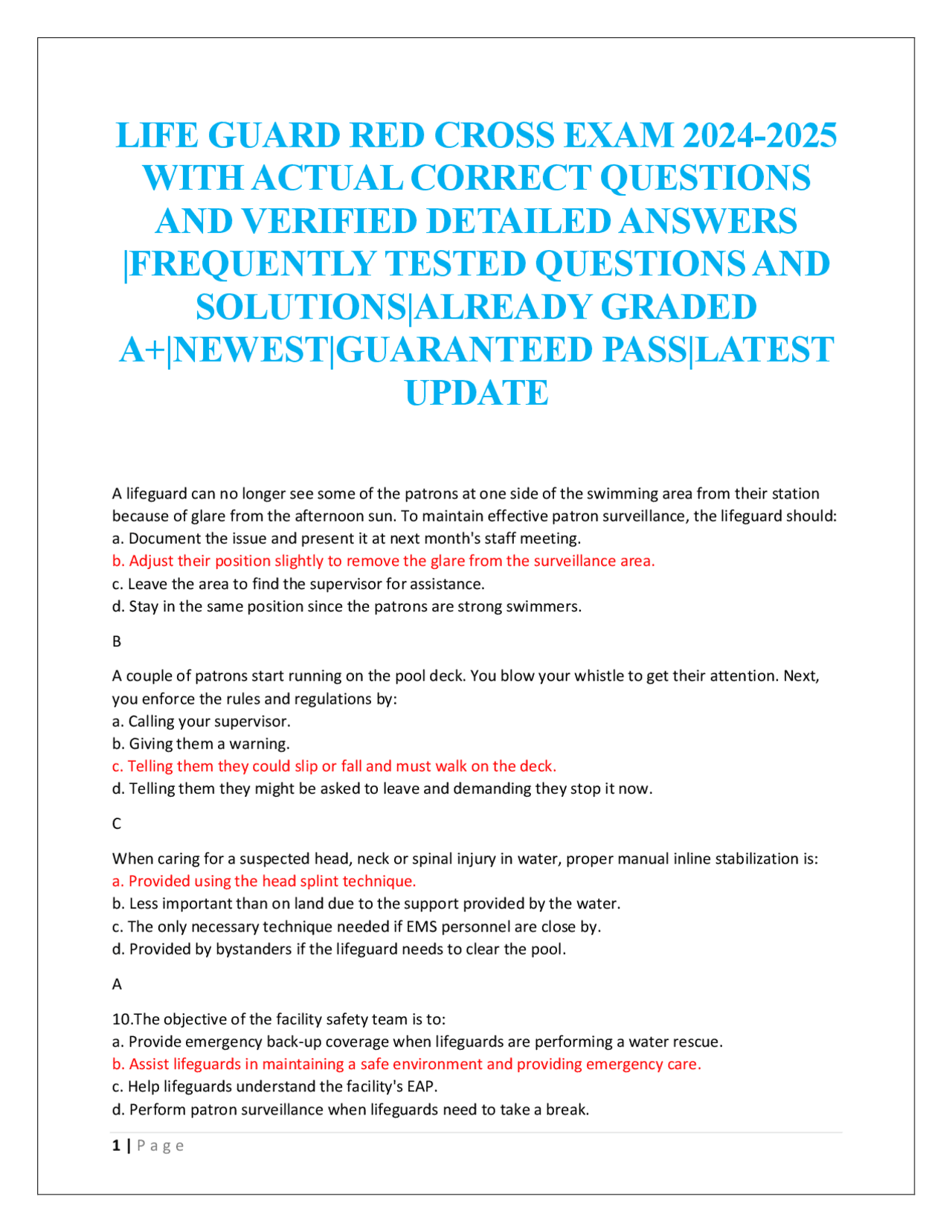 LIFE GUARD RED CROSS EXAM 2024-2025 | Exams Nursing | Docsity