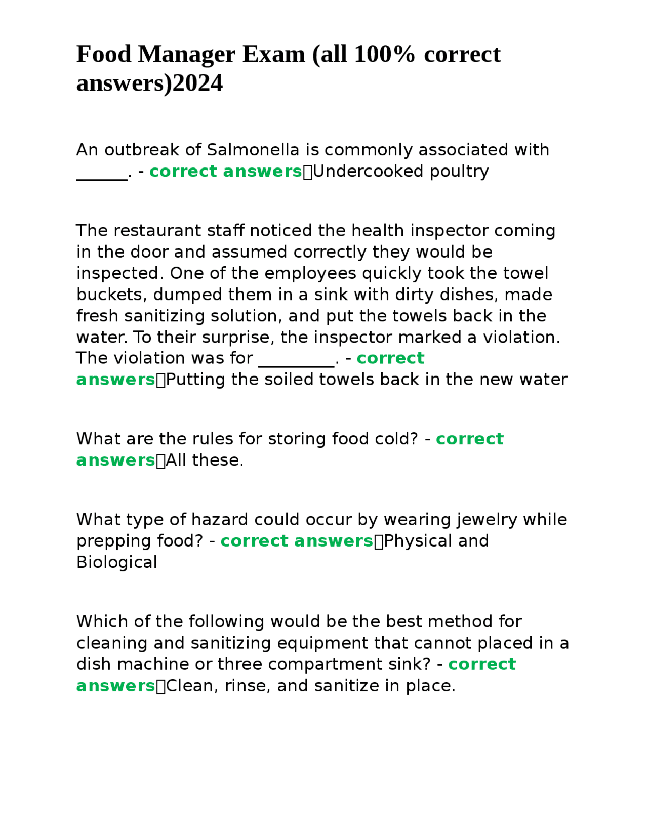 Food Manager Exam (all 100% correct answers)2024 | Exams Nursing | Docsity