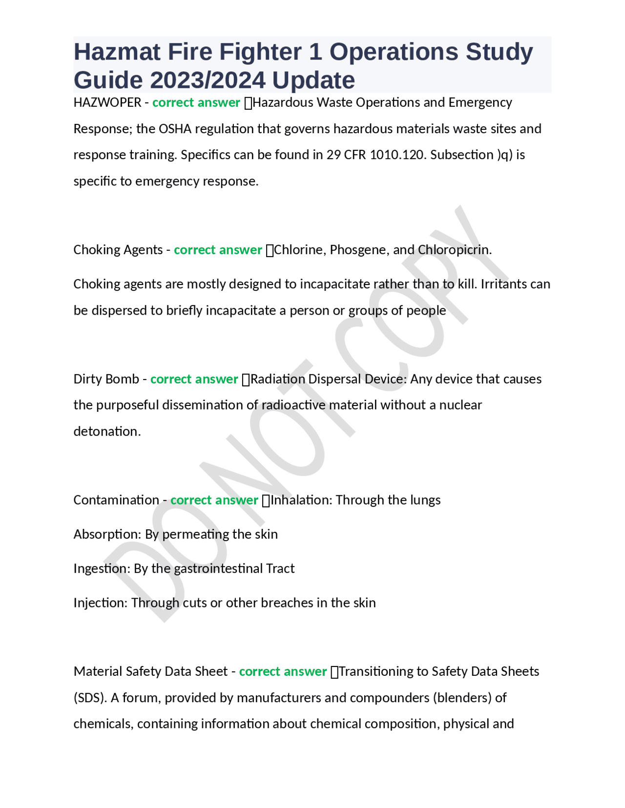 Hazmat Fire Fighter 1 Operations Study Guide 2023/2024 Update | Exams Nursing | Docsity