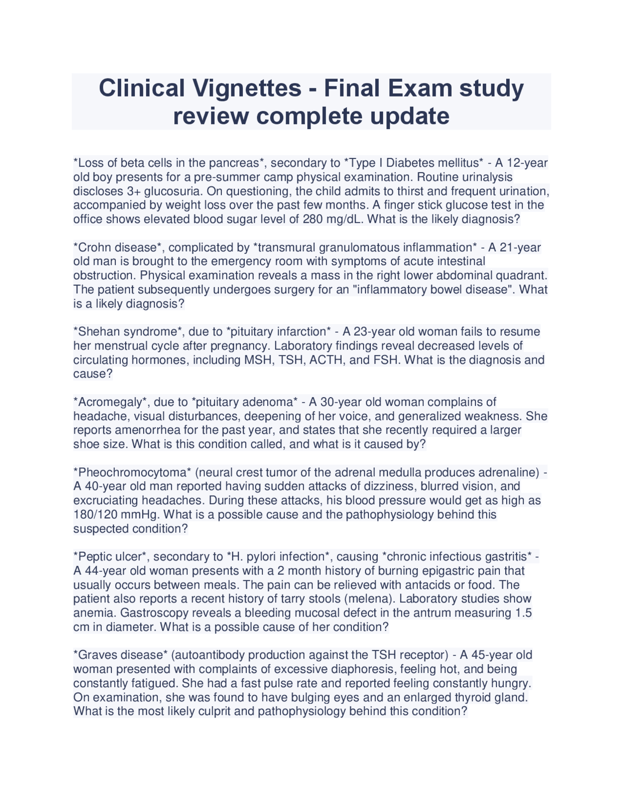 Clinical Vignettes Final Exam | Exams Psychology | Docsity