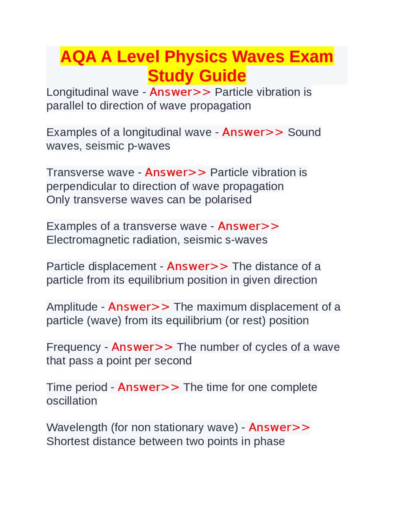 AQA A Level Physics Waves Exam Study Guide | Exams Physics | Docsity