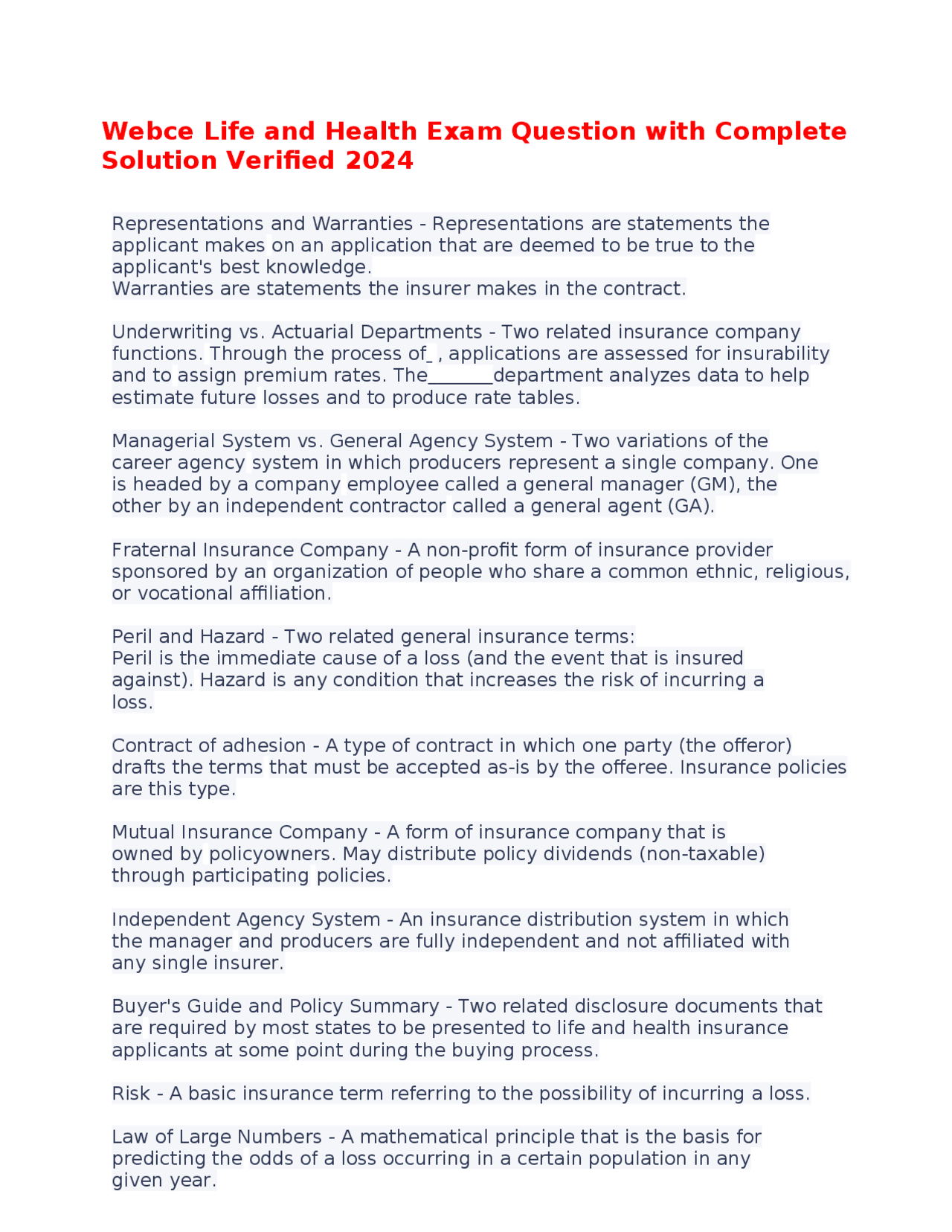 Webce Life and Health Exam Question with Complete Solution Verified ...