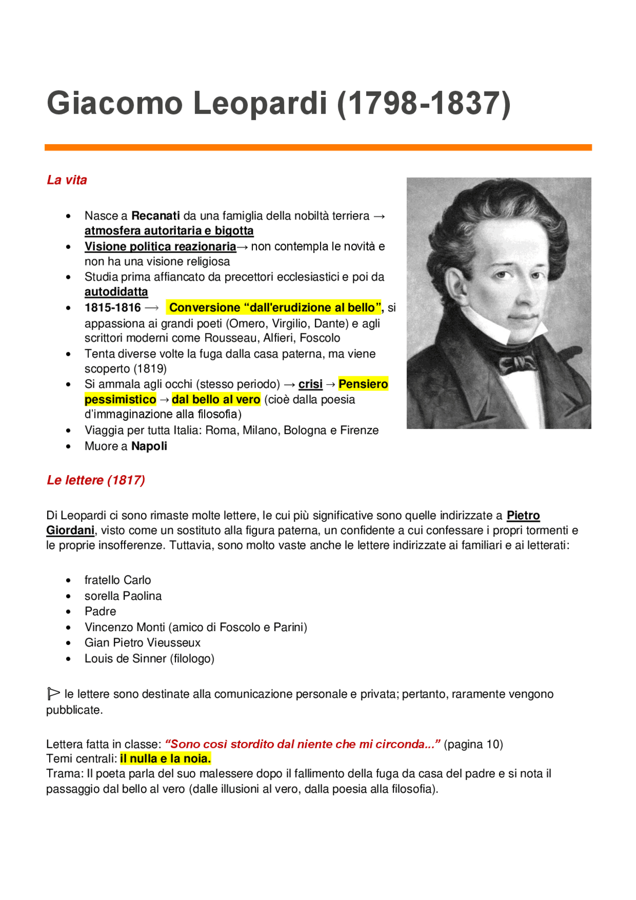 Riassunto Giacomo Leopardi | Appunti di Italiano | Docsity