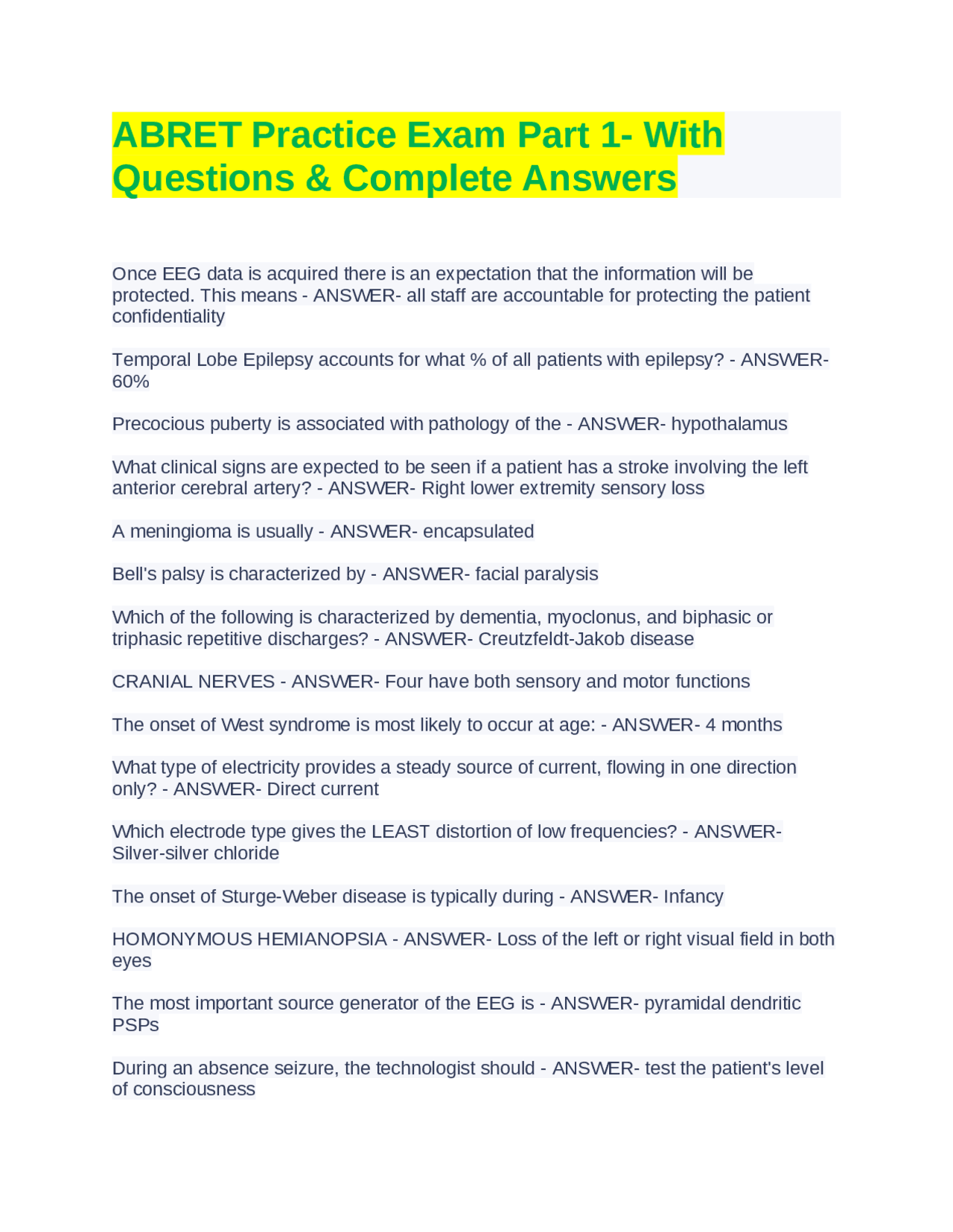 ABRET Practice Exam Part 1- With Questions & Complete Answers | Exams ...