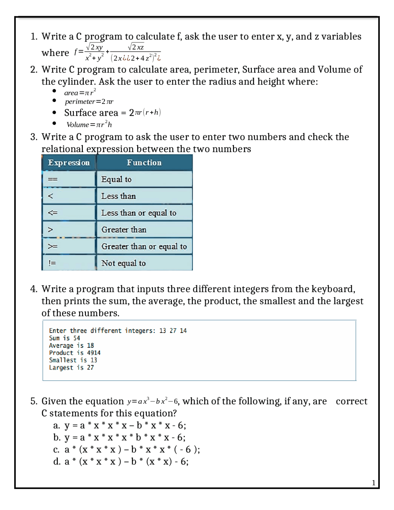 C Programming Exercises | Quizzes Computer Science | Docsity