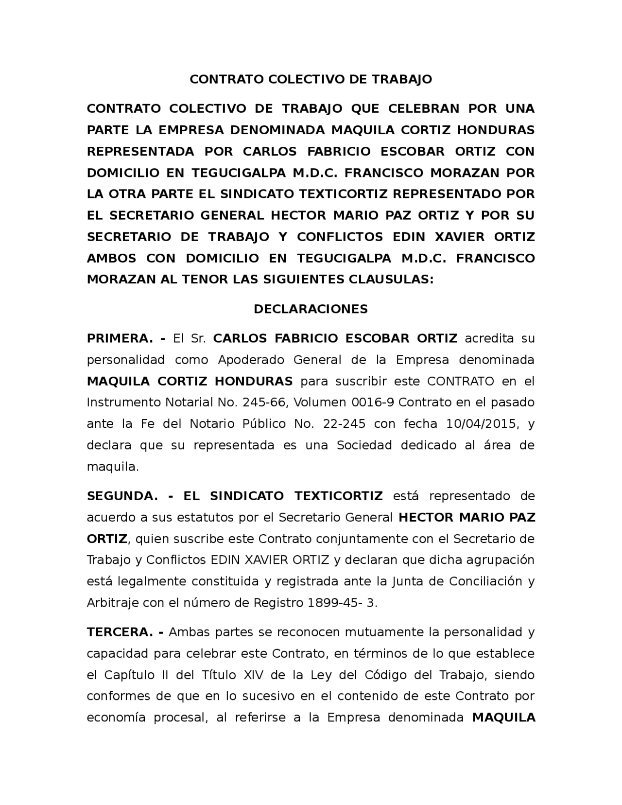 Contrato Colectivo de Trabajo entre Maquila Cortiz Honduras y el Sindicato Texticortiz - P ...