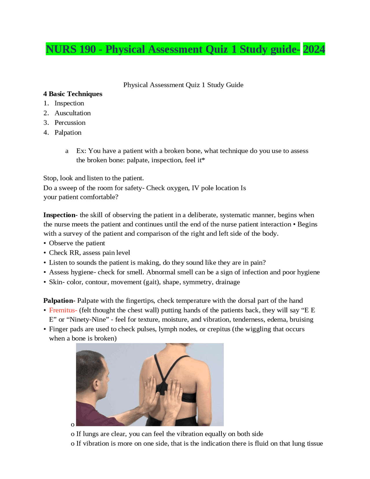 NURS 190 - Physical Assessment Quiz 1 Study guide- 2024.docx | Exams ...
