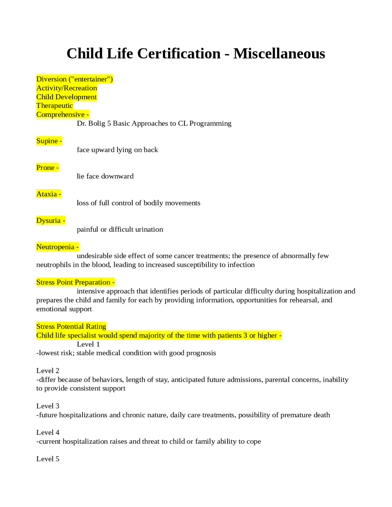 Child Life Certification - Miscellaneous. | Exams Psychology | Docsity
