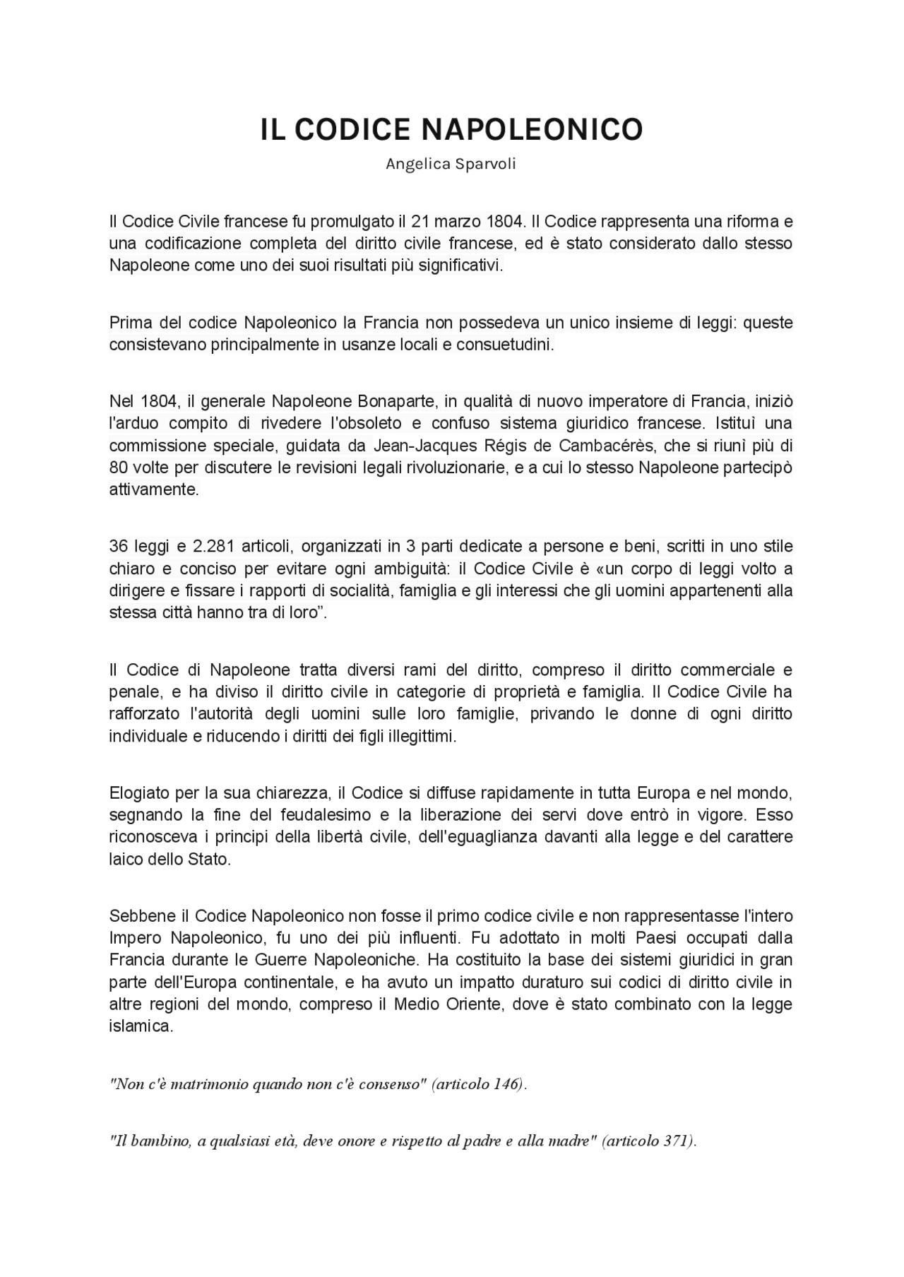 Il codice napoleonico | Appunti di Storia | Docsity