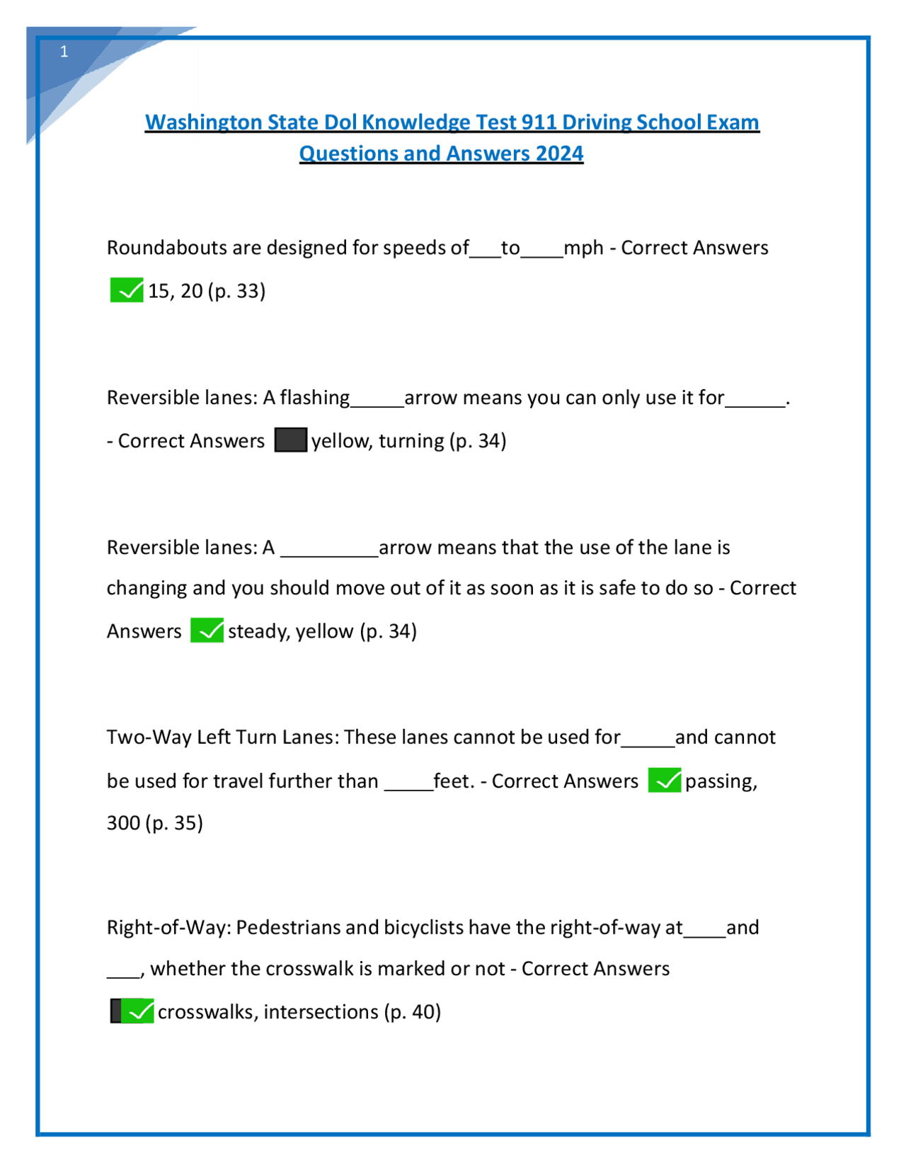 Washington State Dol Knowledge Test 911 Driving School Exam Questions ...