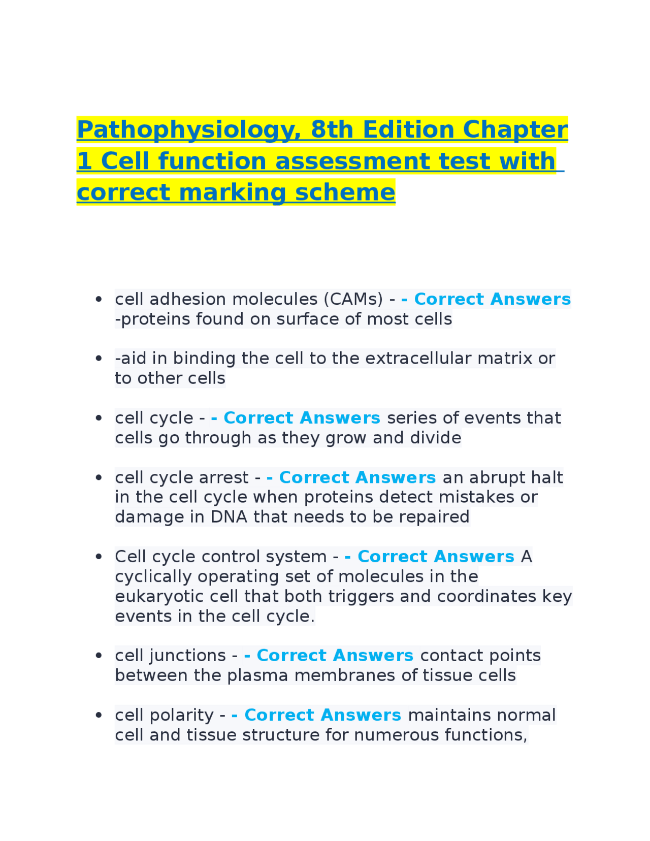 Pathophysiology, 8th Edition Chapter 1 Cell function assessment test ...