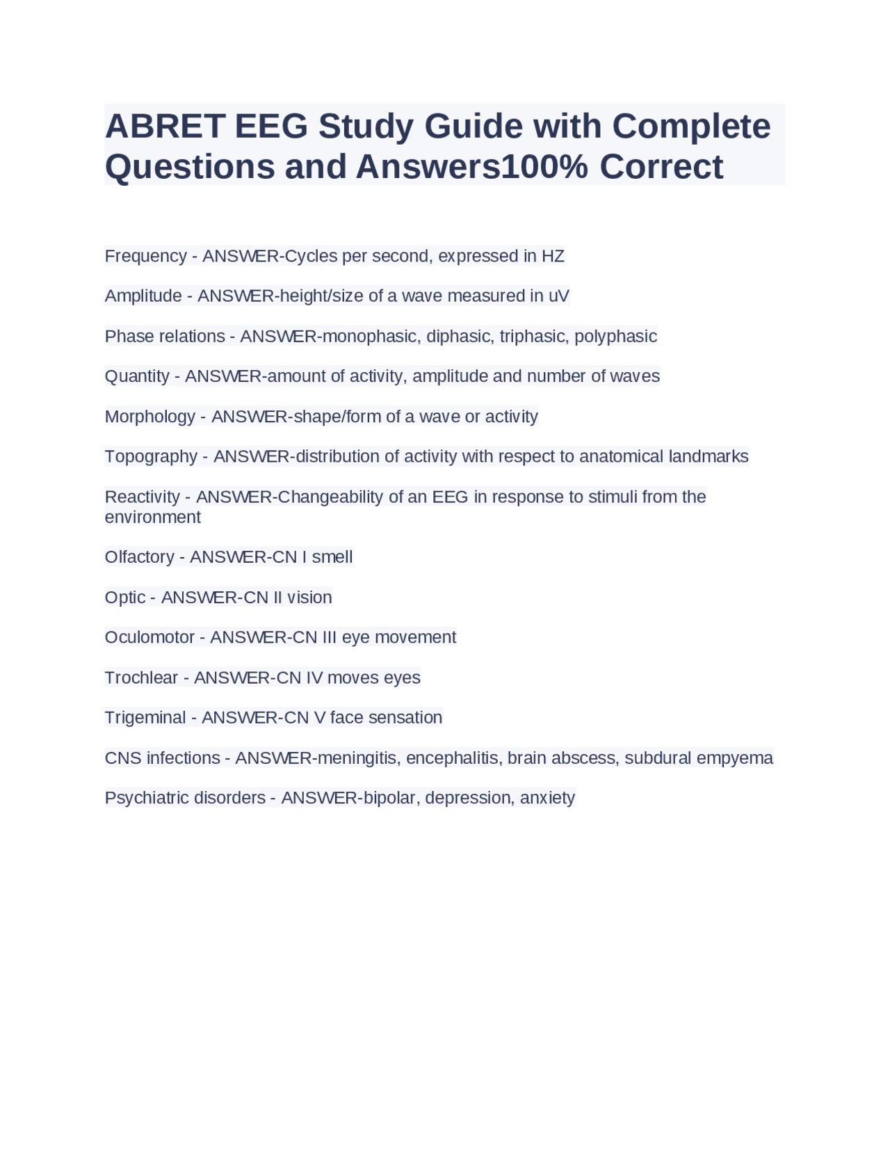 ABRET EEG Study Guide with Complete Questions and Answers100% Correct ...