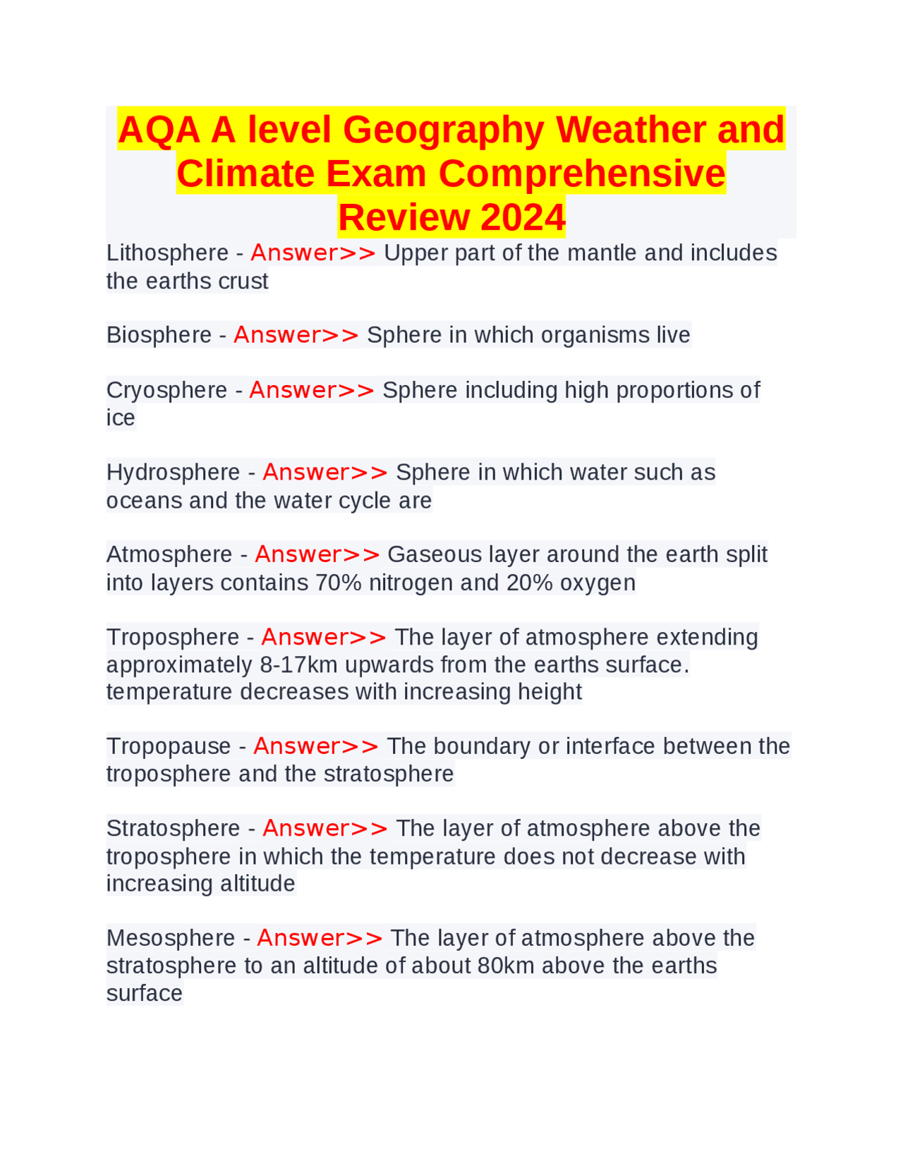 AQA A level Geography Weather and Climate Exam Comprehensive Review ...